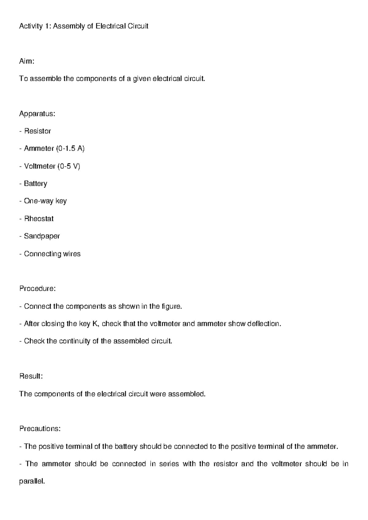 Activity 1: Electrical Circuit Assembly & Resistance Experiments - Studocu