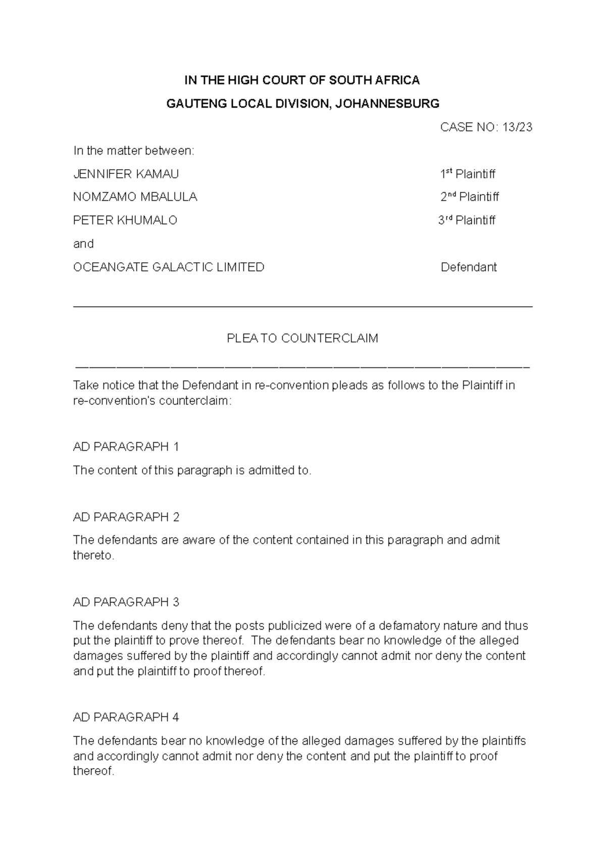 Plea to Counterclaim - Example Document (Case No. 13/) - Studocu