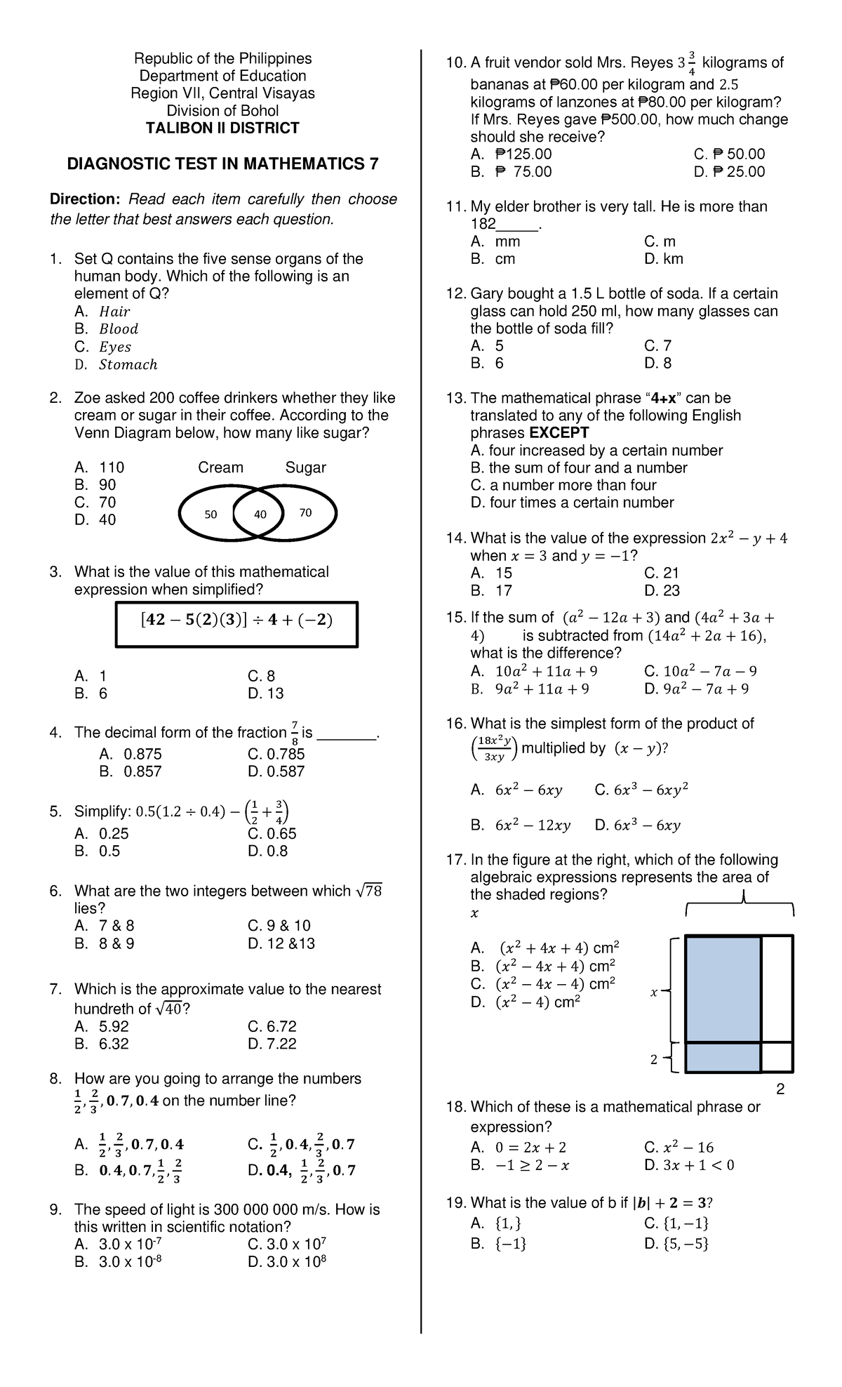 MATHEMATICS-7- Diagnostic-TEST-2021-2022, FOR ENHANCED LEARNING AND ...