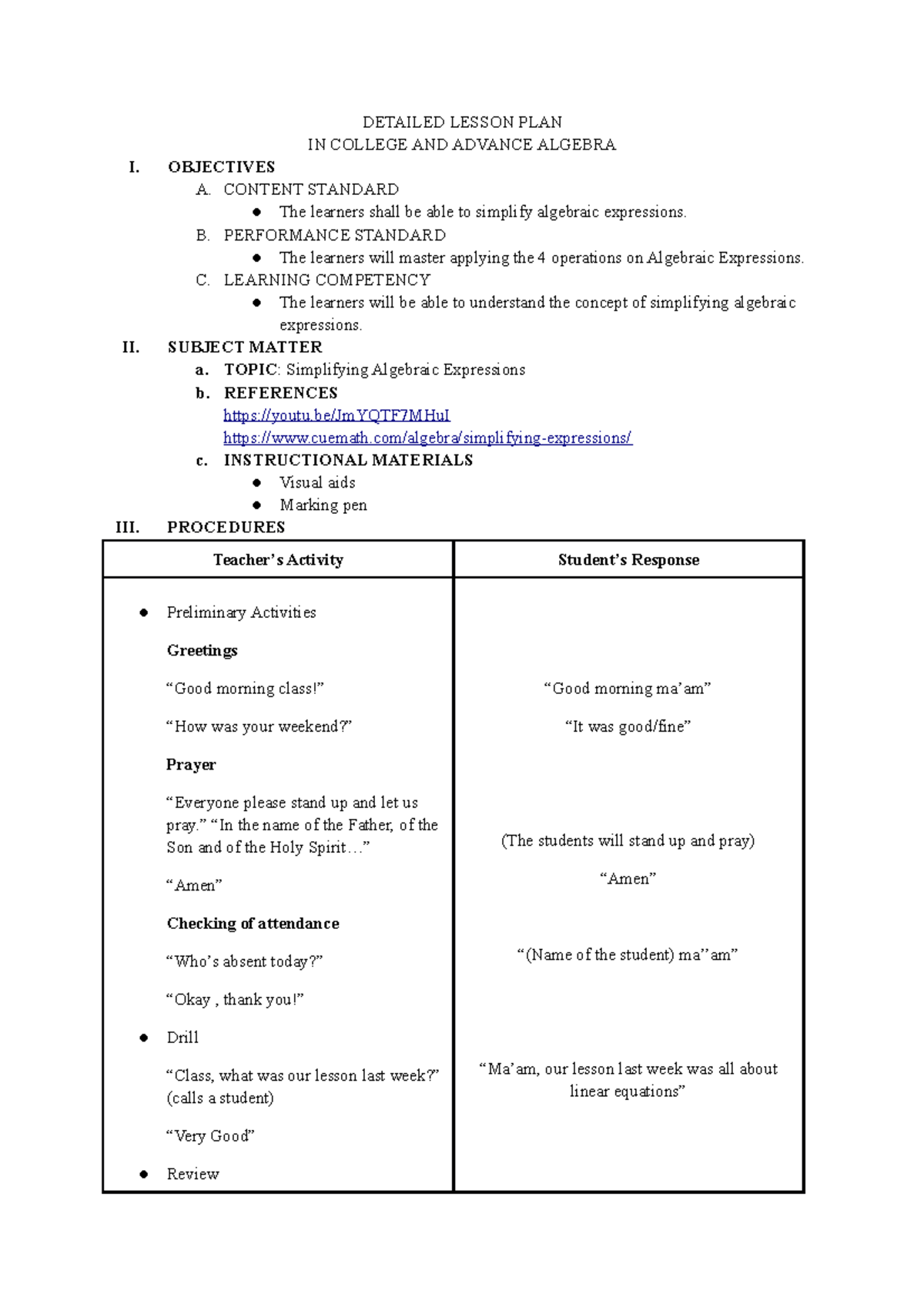 Lesson Plan: Simplifying Algebraic Expressions in College Algebra - Studocu