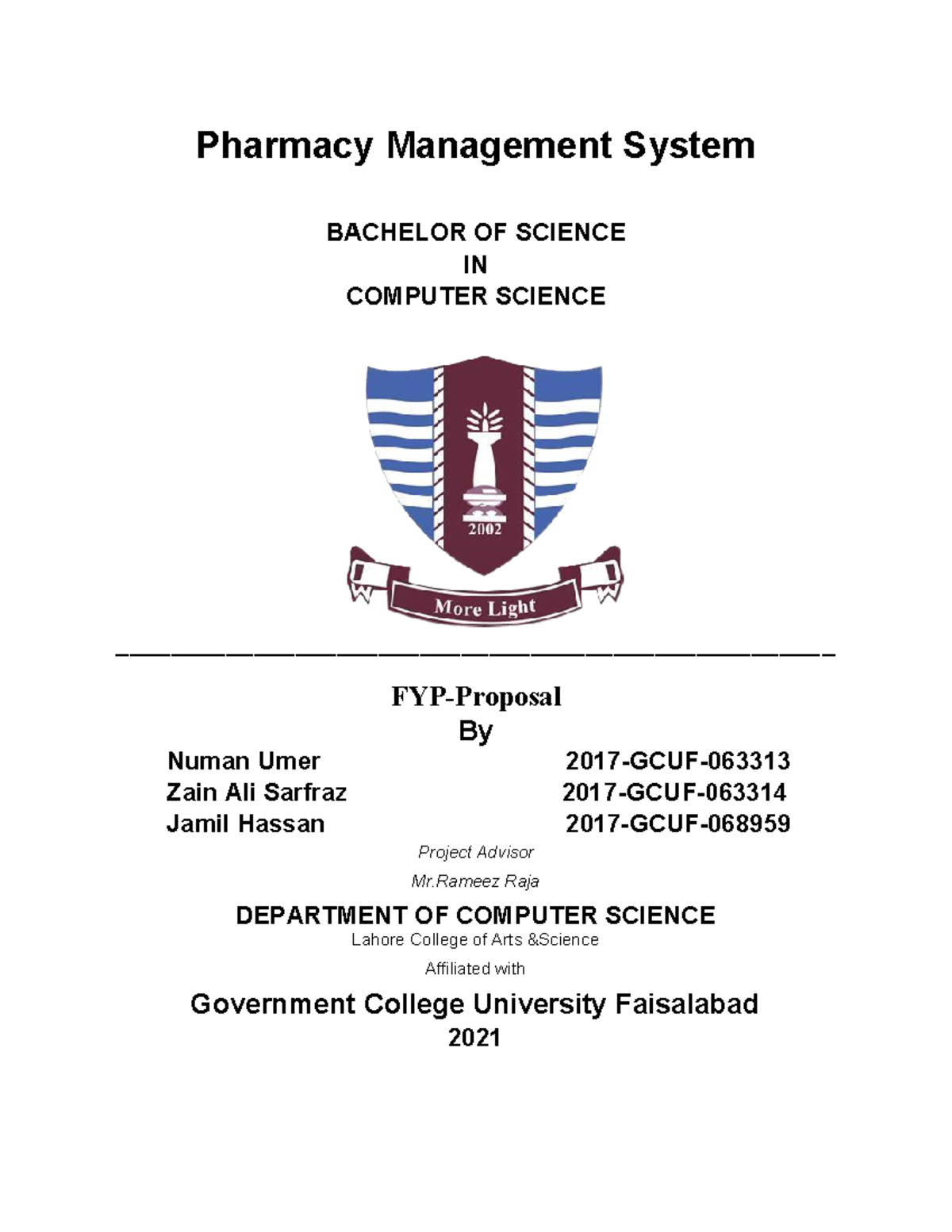 Pharmacy Management System FYP Proposal - BSc CS 2017 GCUF - Studocu