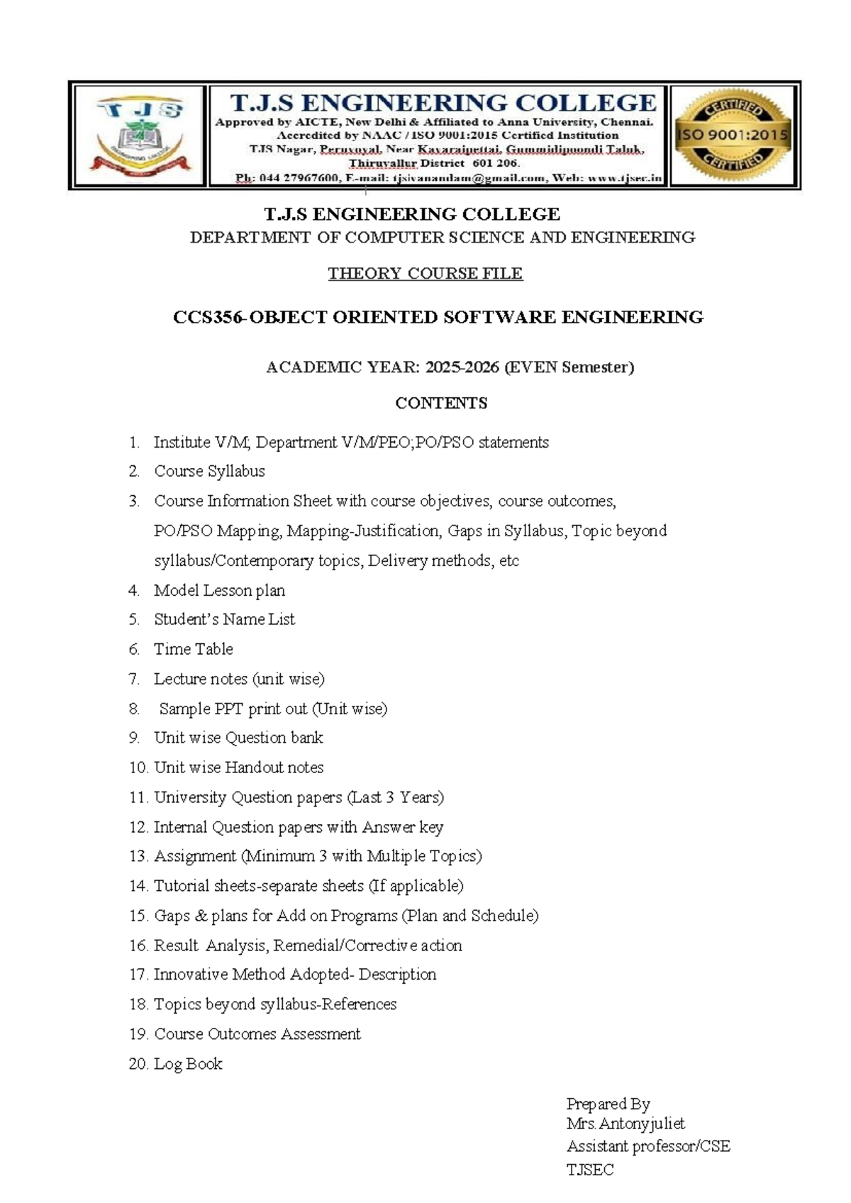 CCS356 Object Oriented Software Engineering Course File (Even Semester) - Studocu