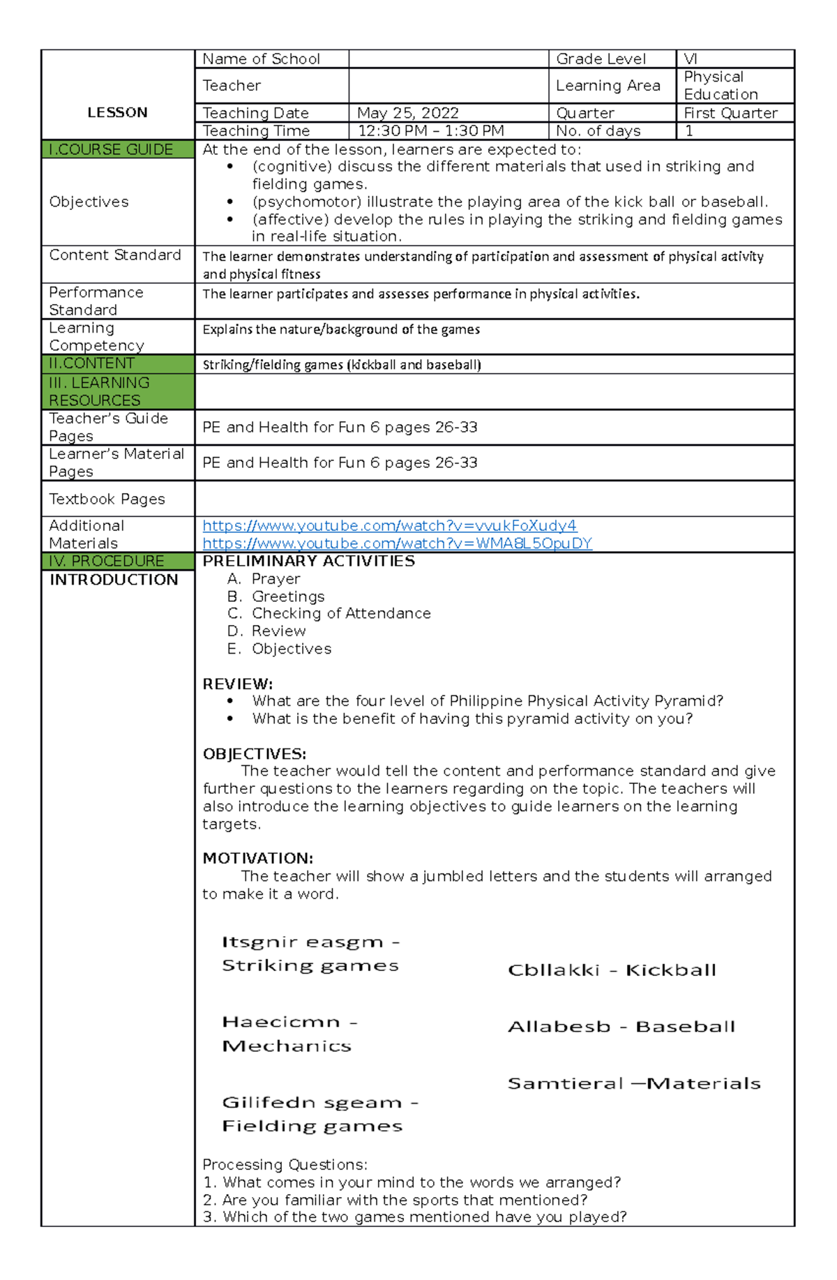 Striking and Fielding Games in PE for Grade VI - Lesson Plan (B) - Studocu