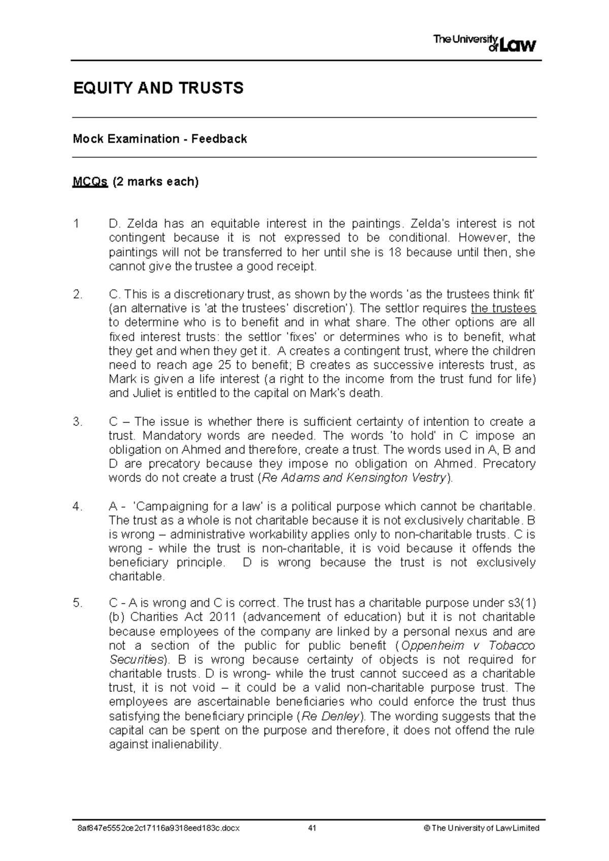 EQUITY AND TRUSTS CE02 Mock Exam Sample Answers and Feedback - Studocu