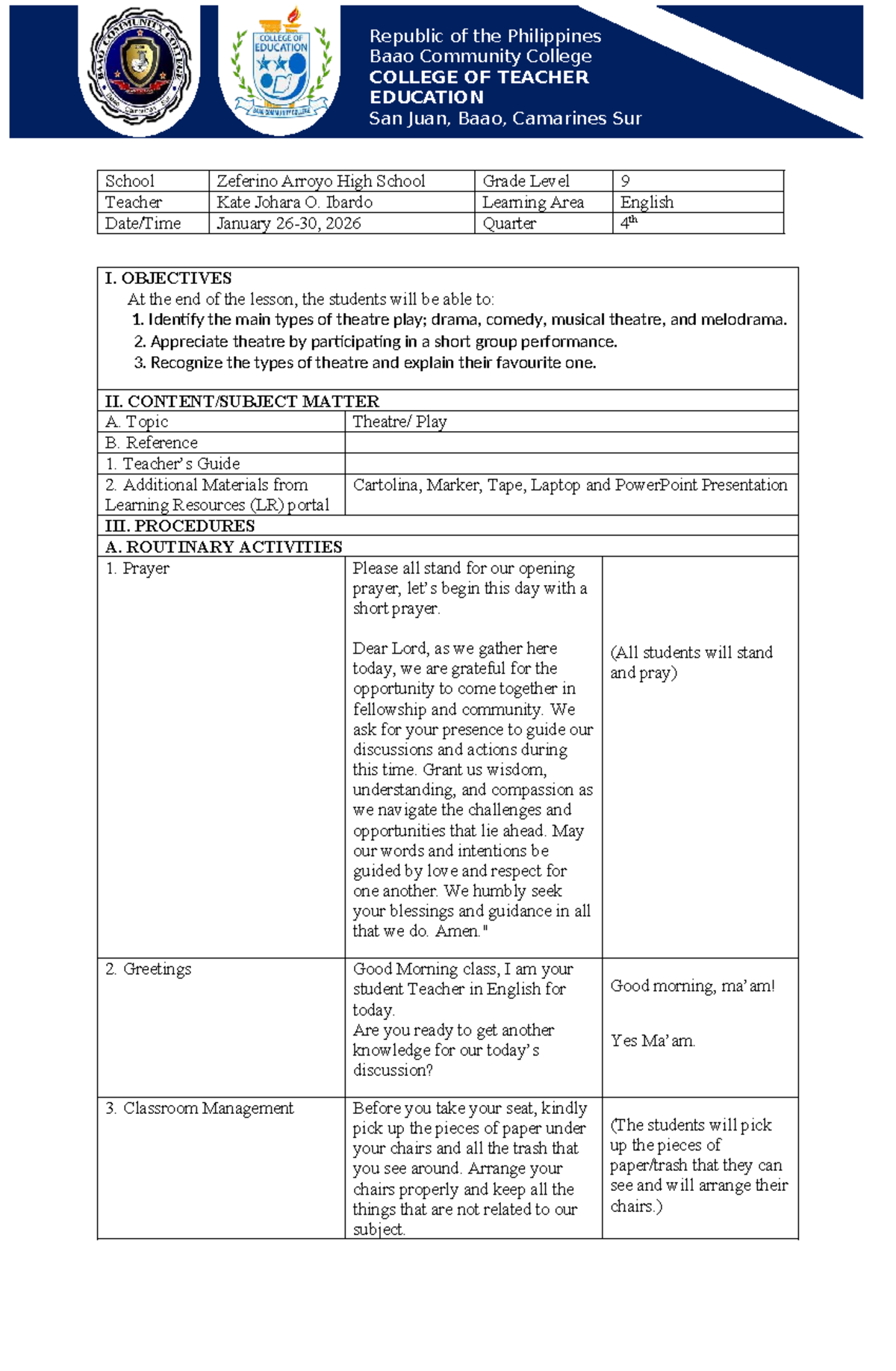 Theater Play Overview - English 4th Grade Lesson Plan - Studocu