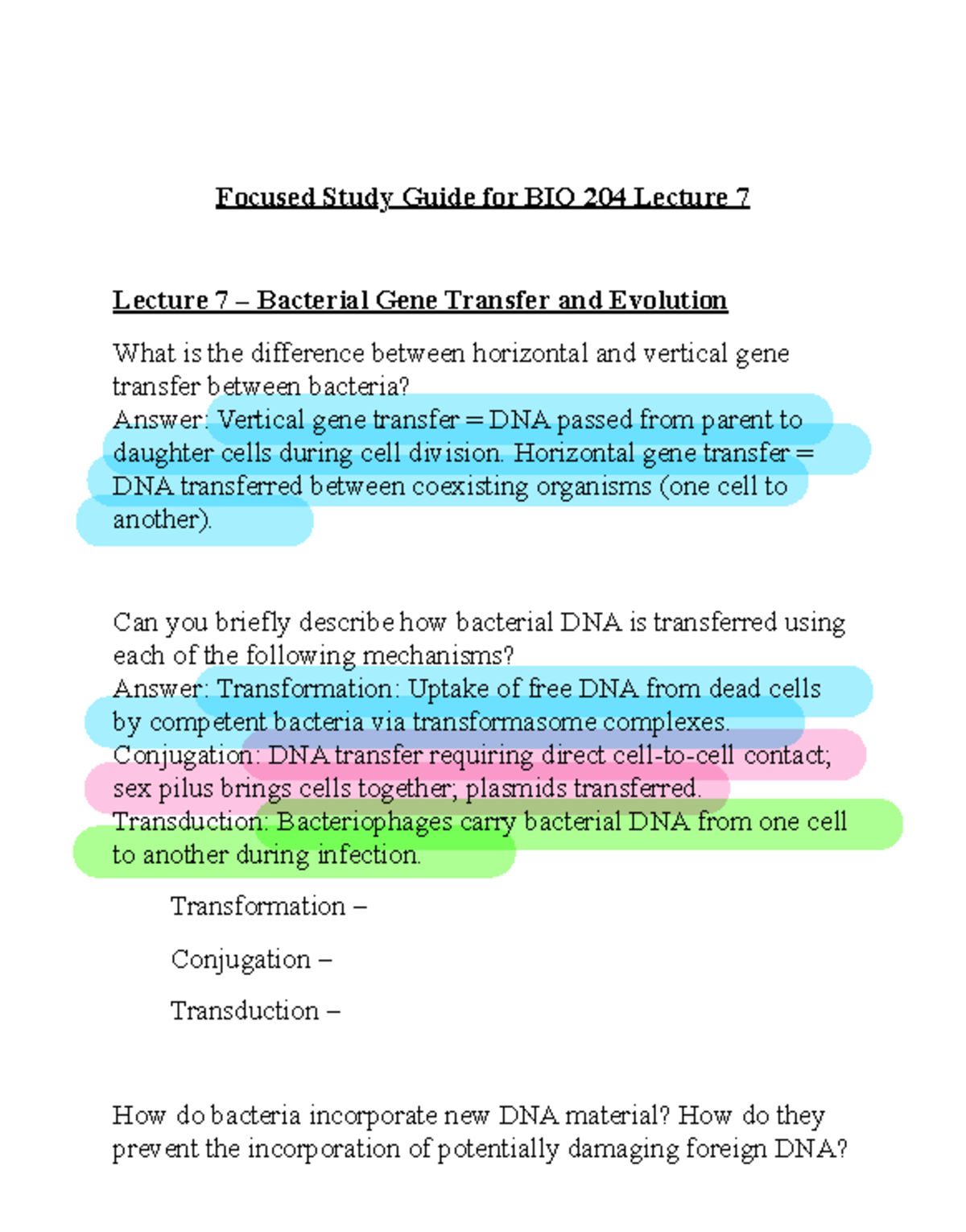 Focused Study Guide for BIO 204: Lecture 7 on Bacterial Gene Transfer ...