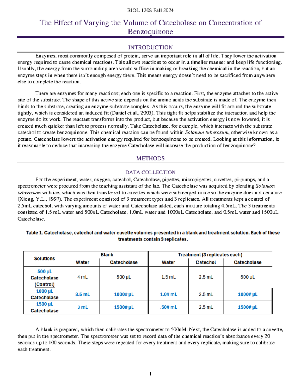 DBurnett Lab Report: Effect of Catecholase on Benzoquinone ...