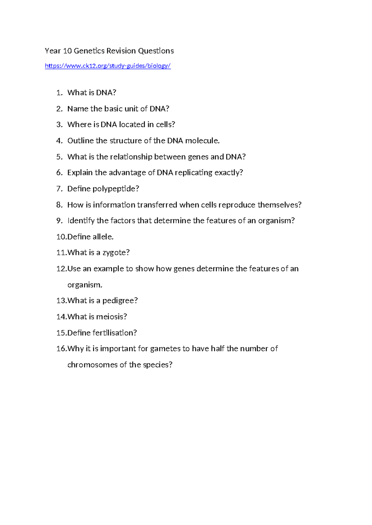 Year 11 Genetics Revision Questions: Key Concepts and Definitions - Studocu