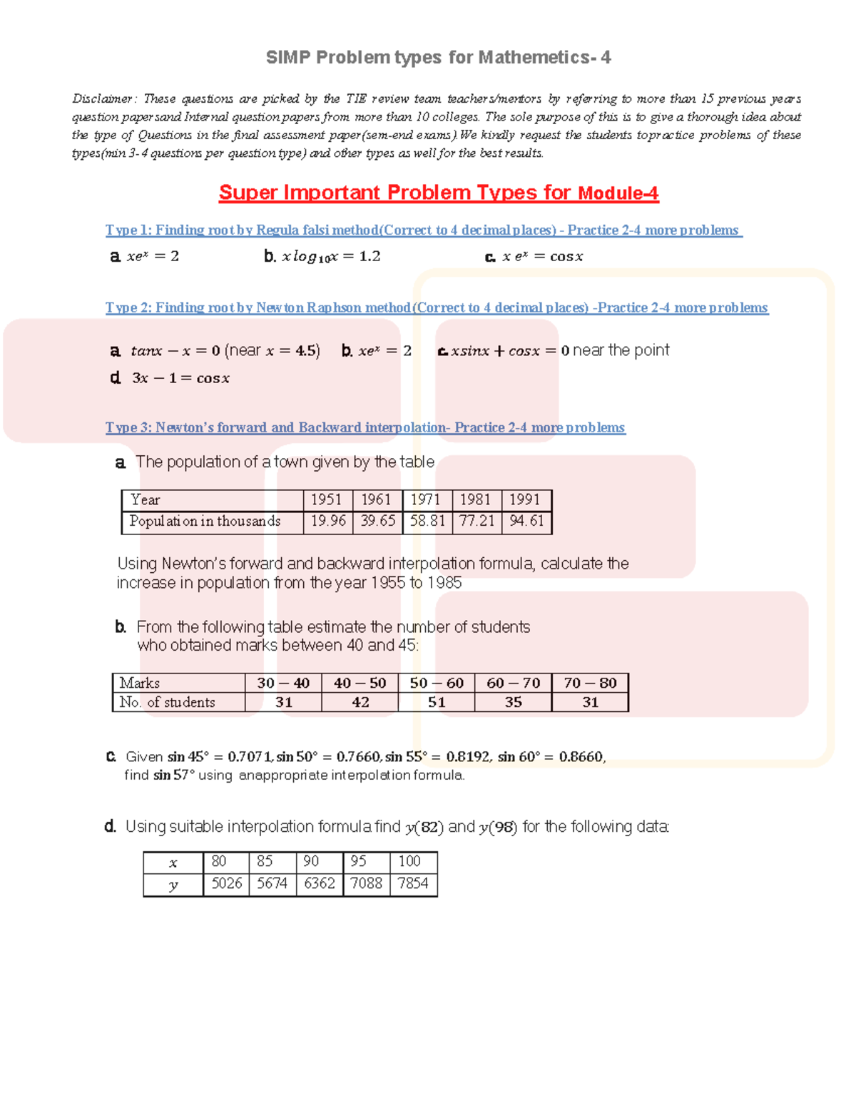M2- 4,5 simp - SIMP Problem types for Mathemetics- 4 Disclaimer: These ...