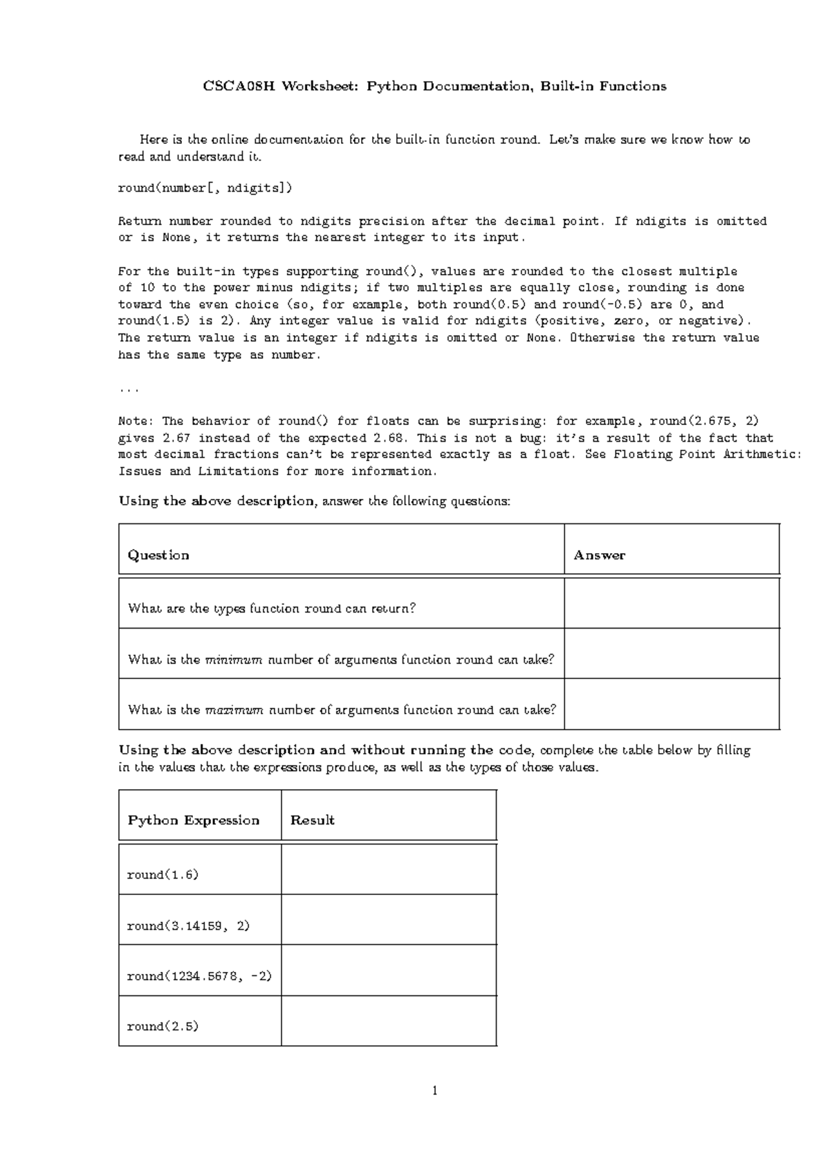 CSCA08H Worksheet: Understanding Python's round() Function - Studocu