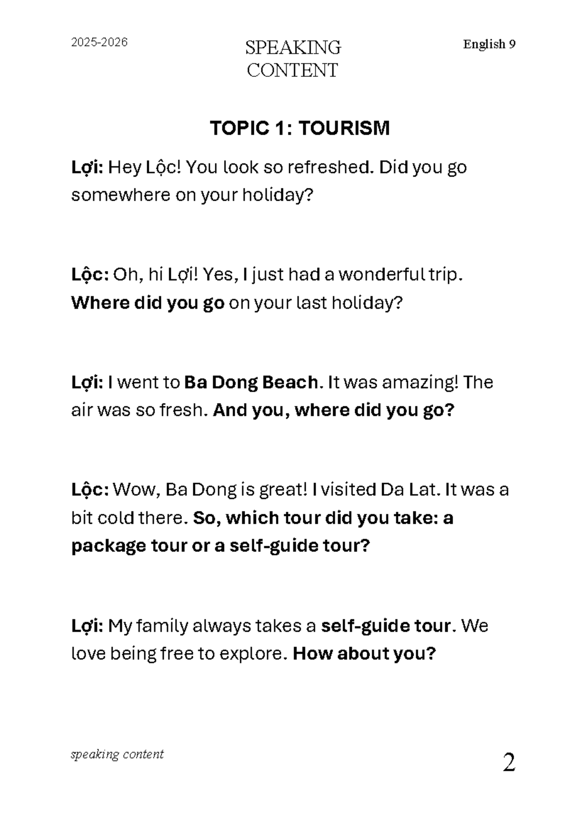English 9 Speaking Content: Topic 1 - Tourism Dialogue - Studocu