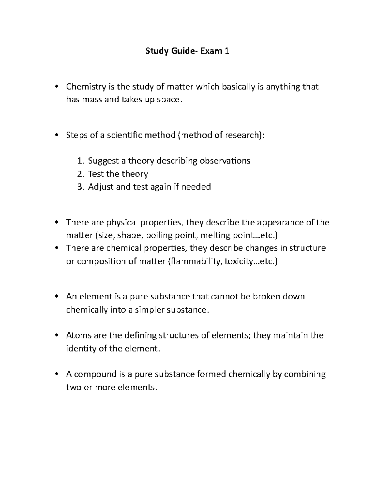 Study Guide for Exam 1 CHM130 - Study Guide- Exam 1 Chemistry is the ...