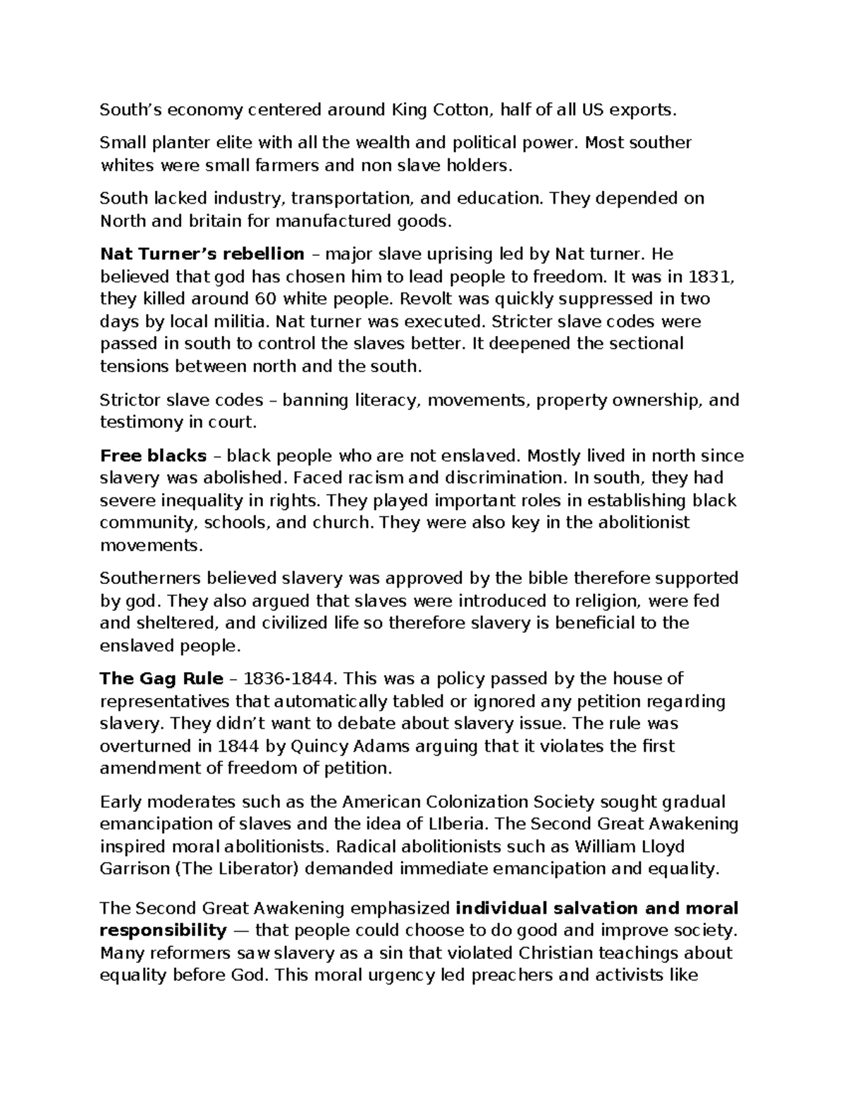 HIST 201: Notes on Economic and Social Dynamics of the Pre-Civil War ...
