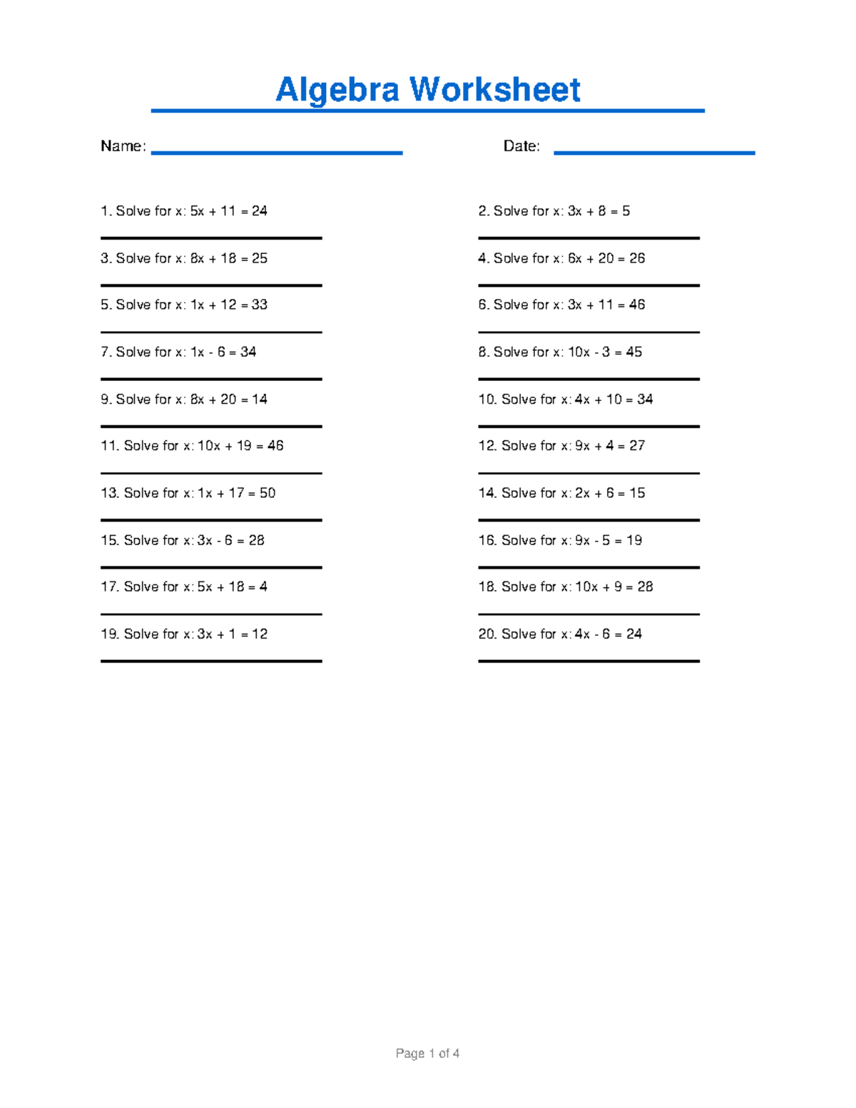 Algebra Worksheet 10 - Problem Set and Solutions - Studocu