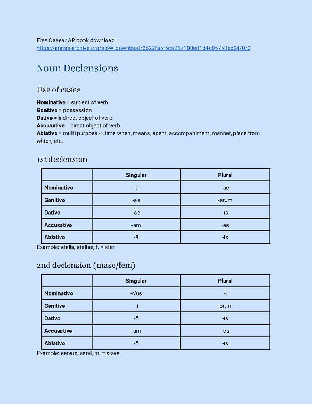 Latin 1-2 Notes: Noun Declensions and Verb Conjugations - Studocu