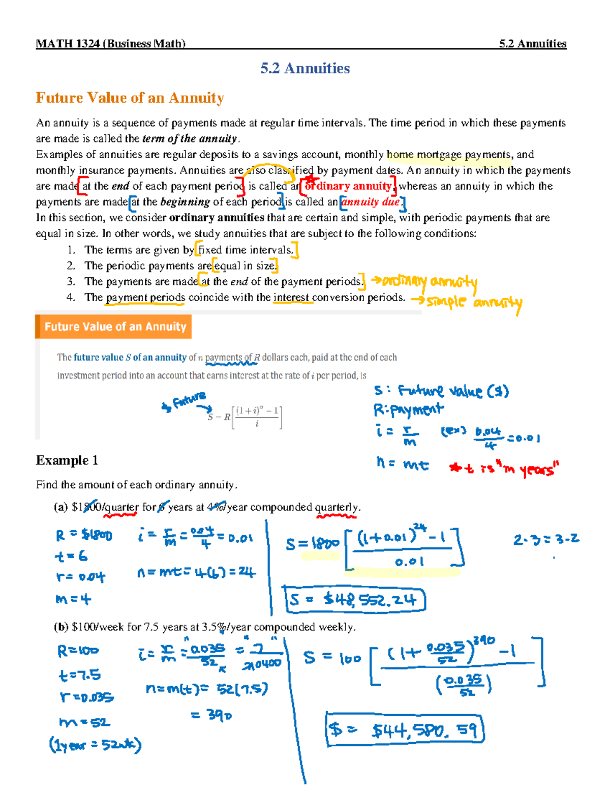 MATH 1324 (Business Math) 5.2 Annuities: Future & Present Value - Studocu