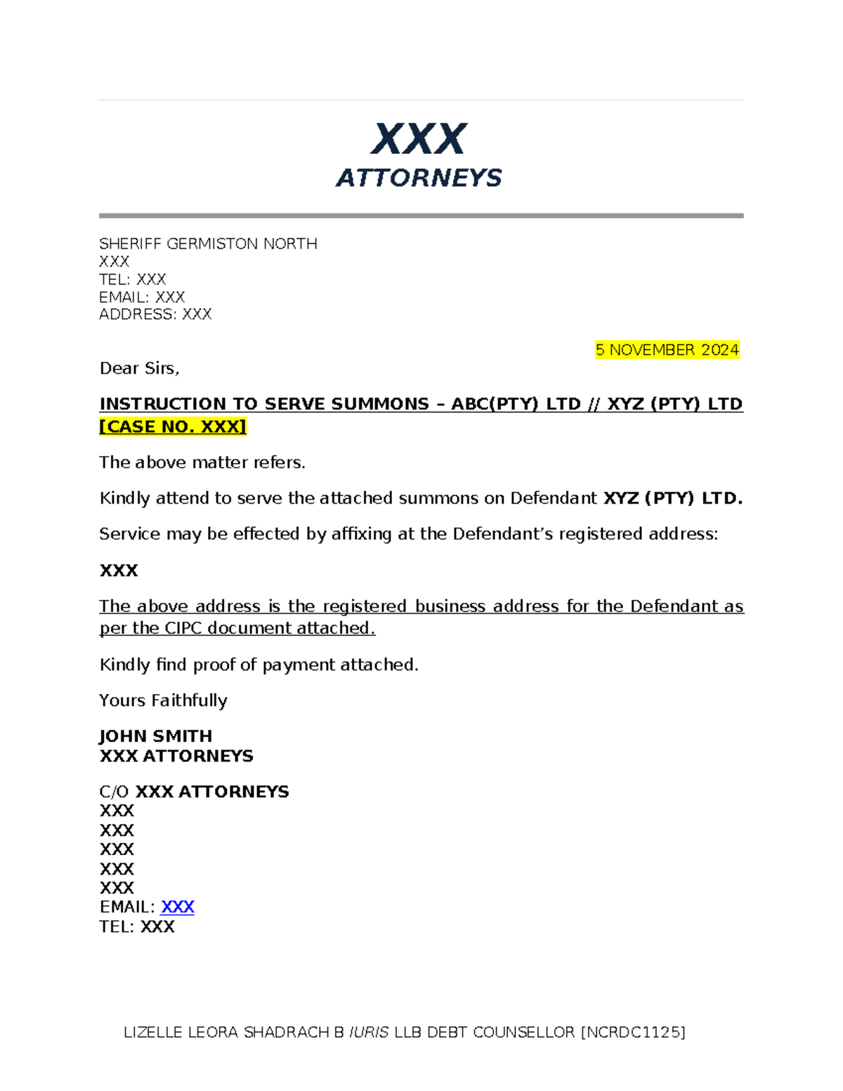 Sheriff'S Letter - example - XXX ATTORNEYS SHERIFF GERMISTON NORTH XXX ...