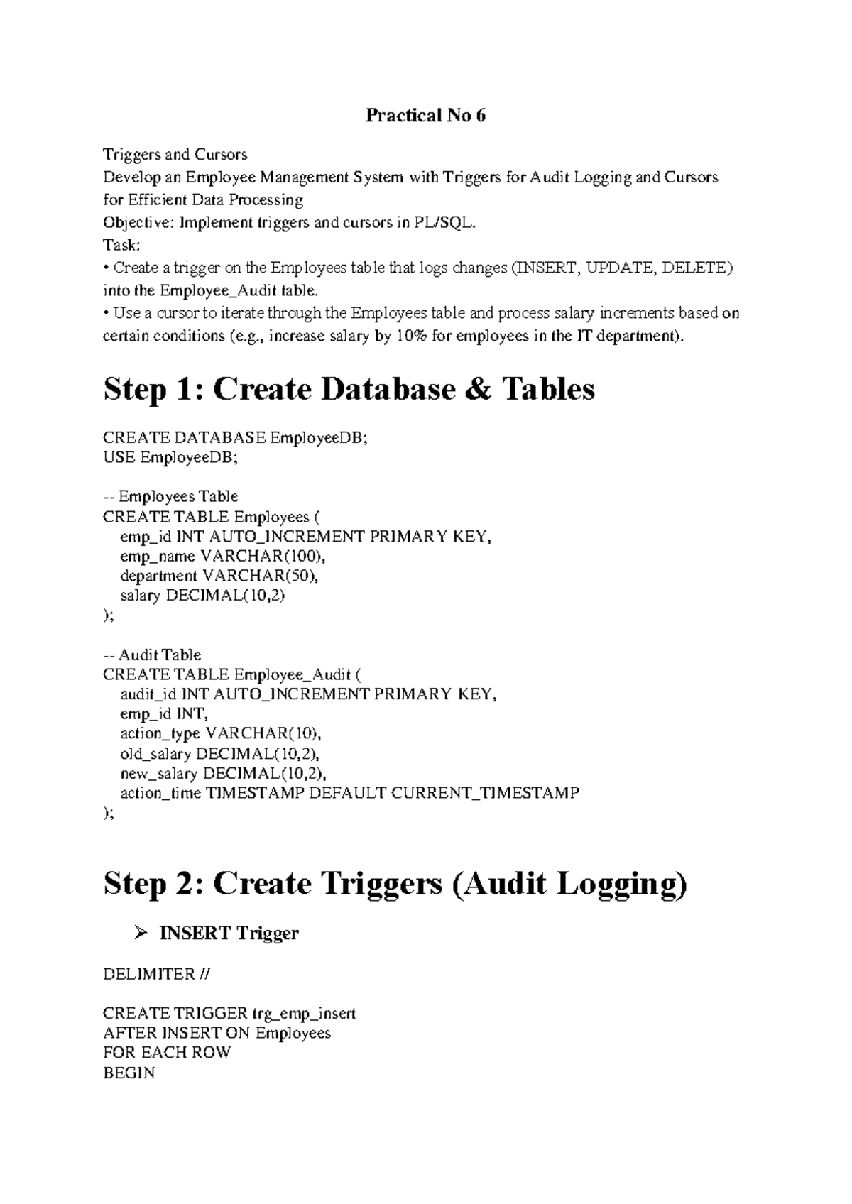 Practical No 6: Employee Management System with Triggers & Cursors ...