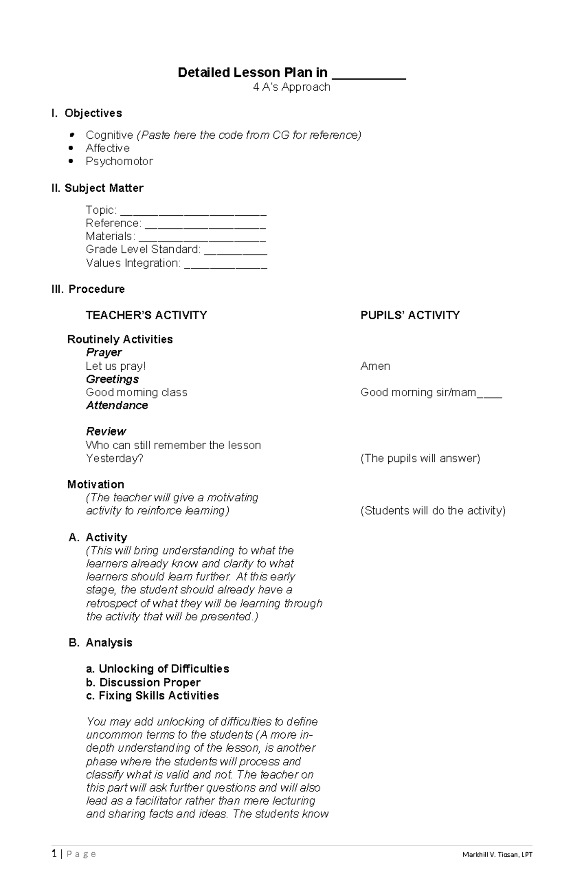 4 A's Approach Detailed Lesson Plan for Effective Teaching - Studocu