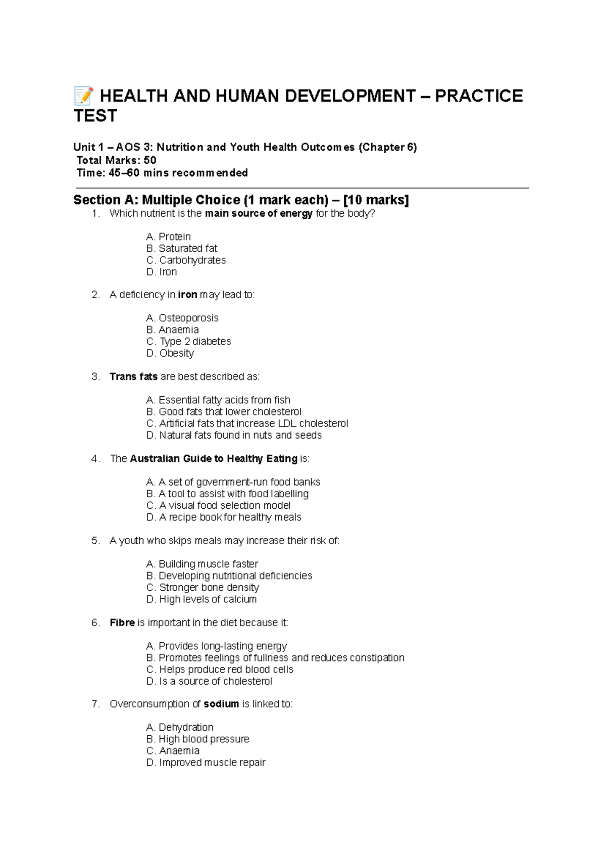 HEALTH AND HUMAN DEVELOPMENT PRACTICE TEST: Nutrition & Youth Health ...