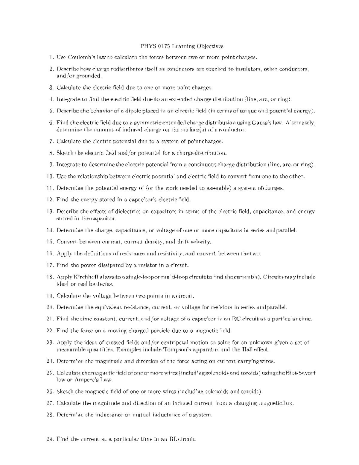 PHYS 0175 Learning Objectives for Electromagnetism Concepts 2017 - Studocu