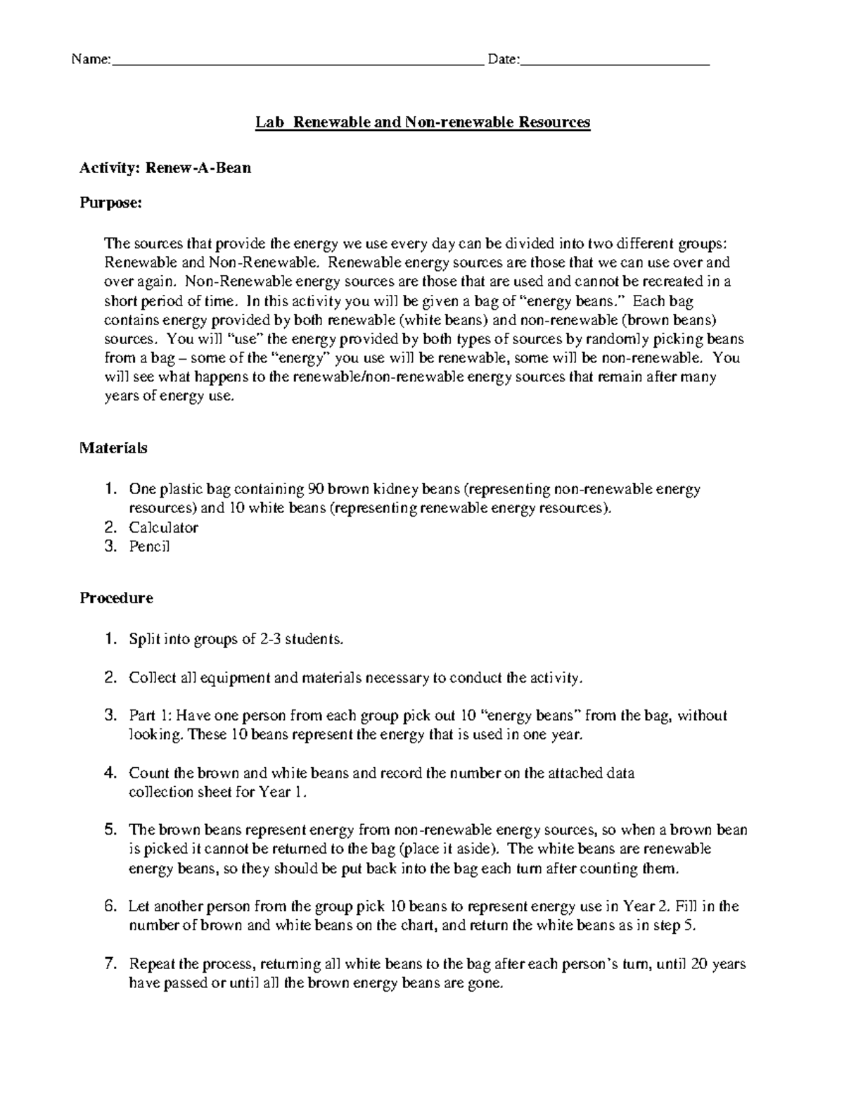 bean- lab renewable and non-renewable resources - Lab Renewable and Non ...