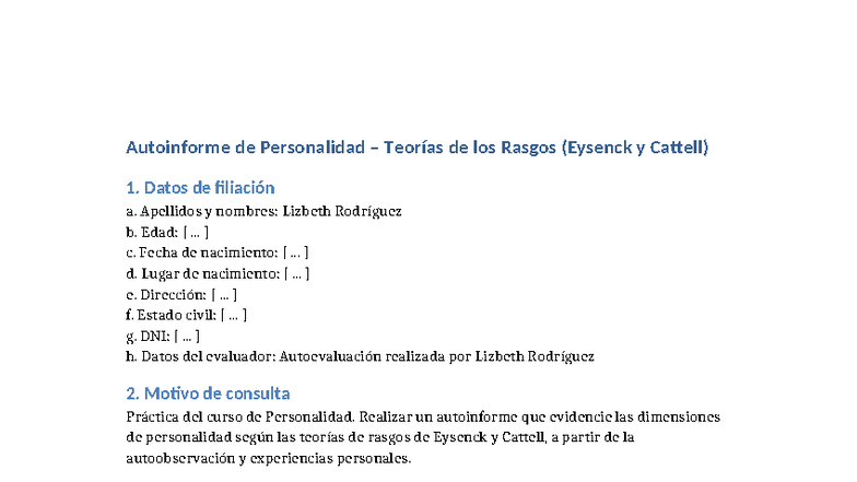 Autoinforme de Personalidad: Teorías de Eysenck y Cattell - Studocu