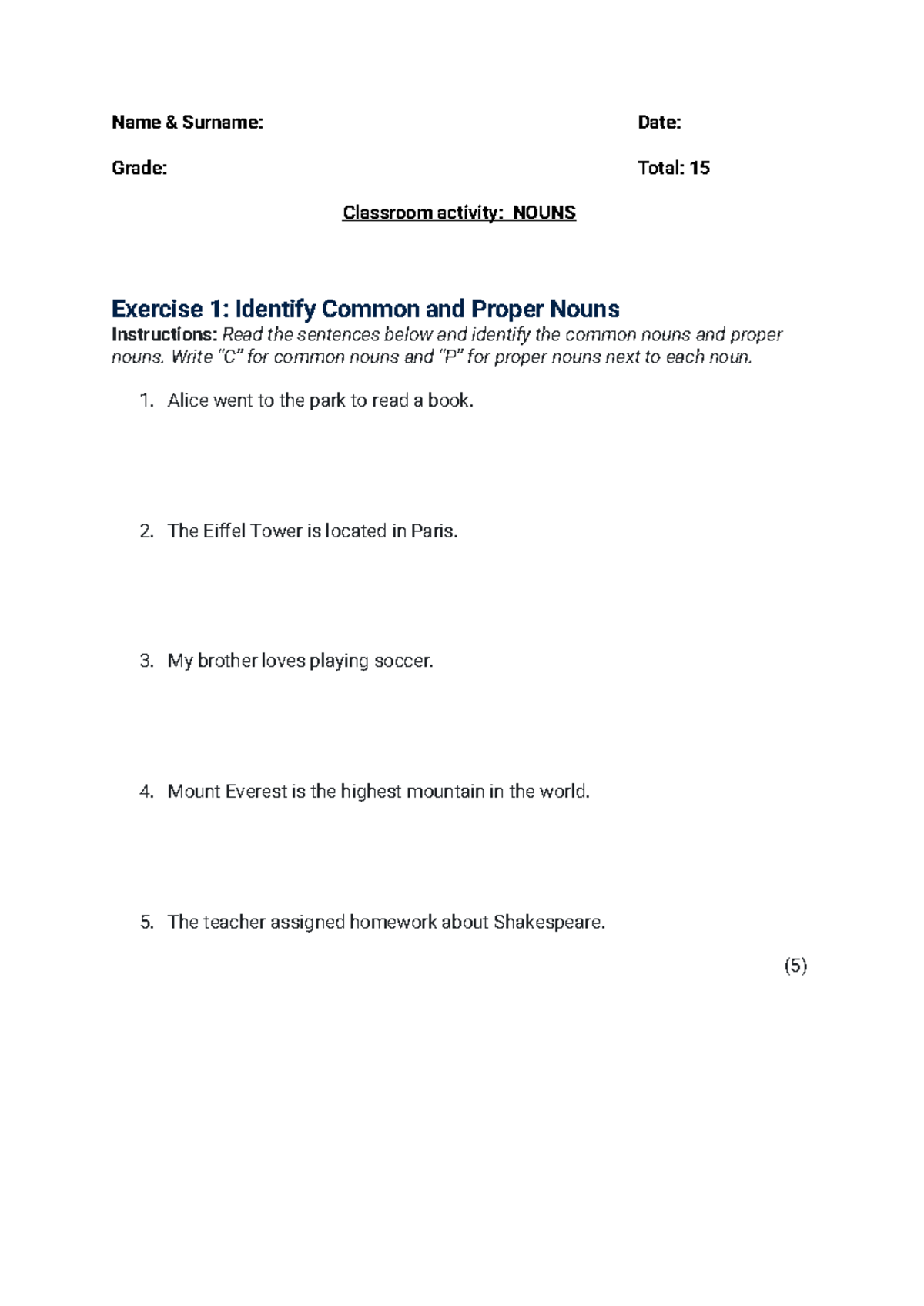 Class Activity: Identifying Common and Proper Nouns - Studocu