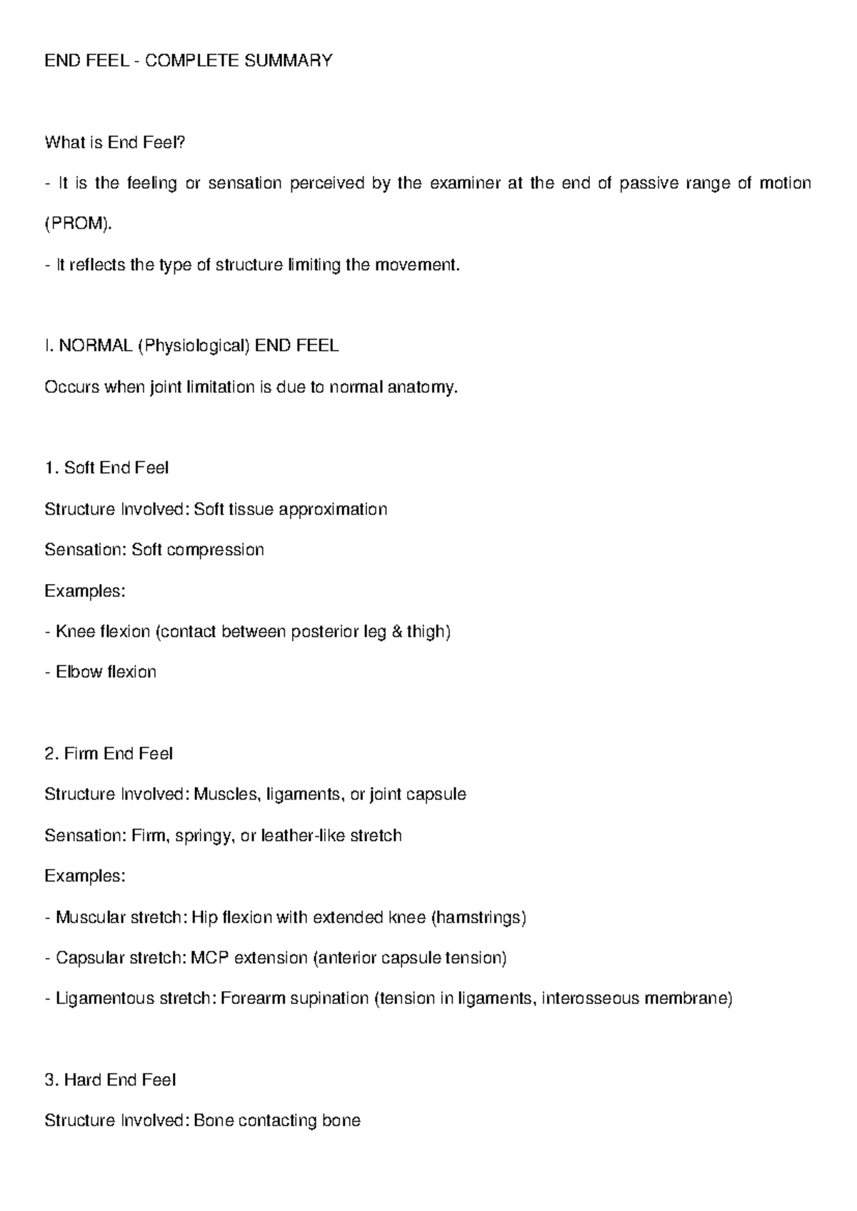 DPT End Feel Summary: Understanding Normal & Abnormal End Feel - Studocu