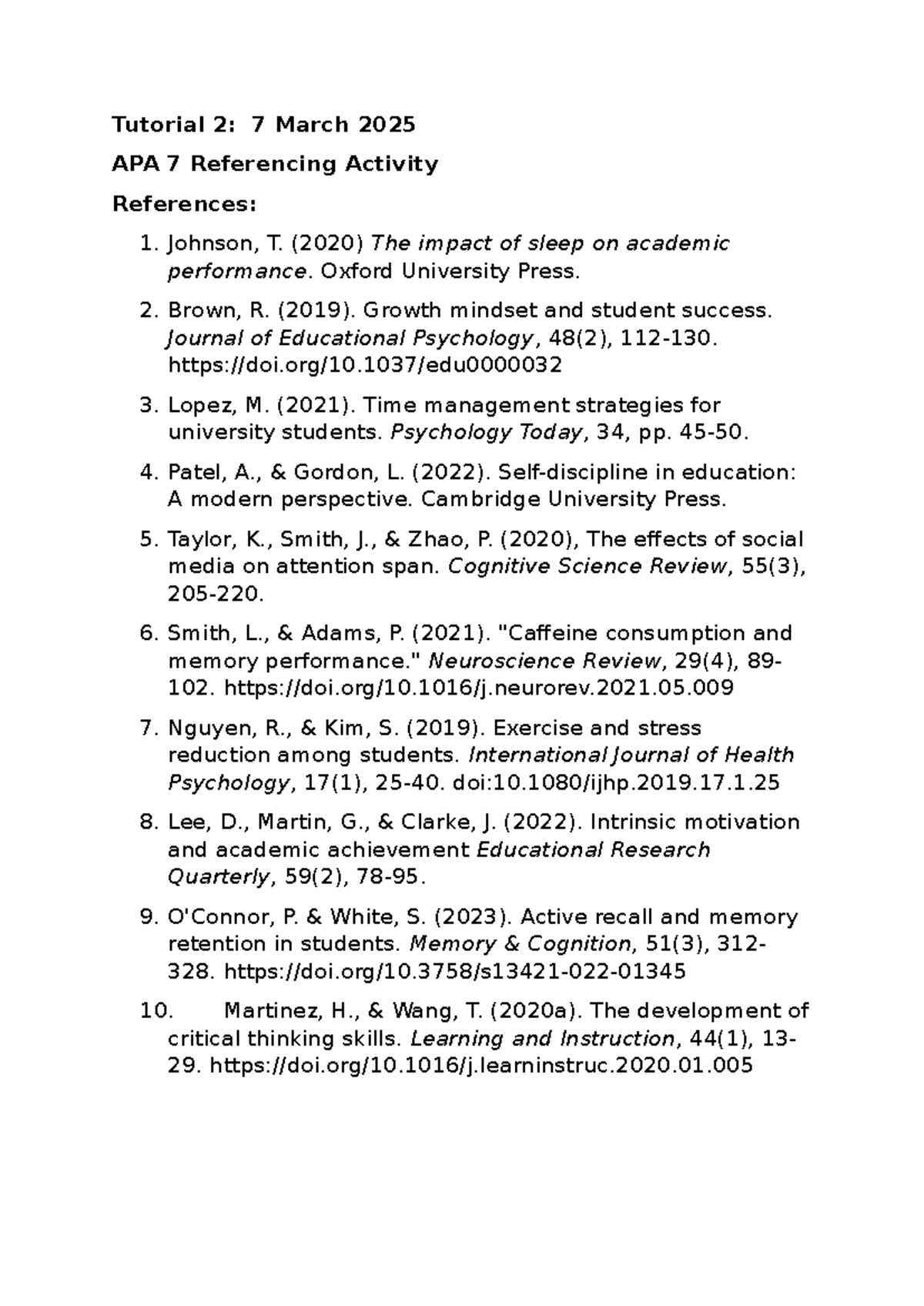 Tutorial 2 APA referencing activity - Tutorial 2: 7 March 2025 APA 7 ...