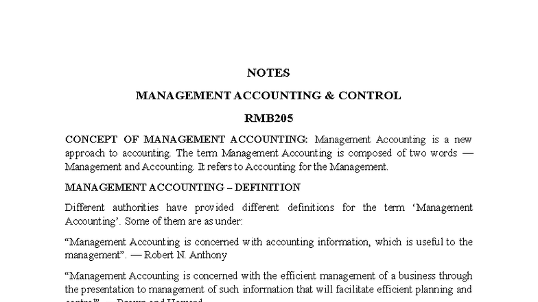 NOTES ON MANAGEMENT ACCOUNTING CONTROL RMB205: Key Concepts and ...