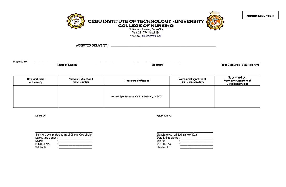 PRC Forms for NSVD Assisted Delivery - Cebu Institute of Tech - Studocu