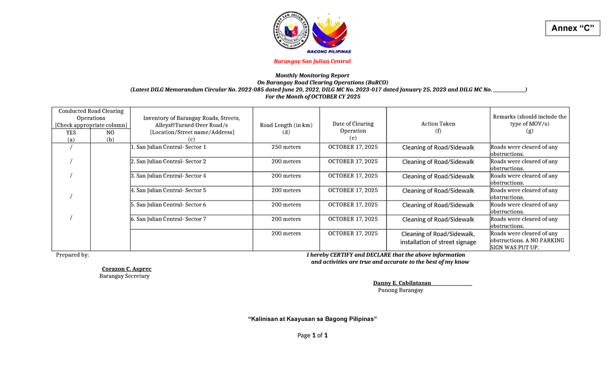 Monthly Monitoring Report on Barangay Road Clearing Operations (BaRCO ...