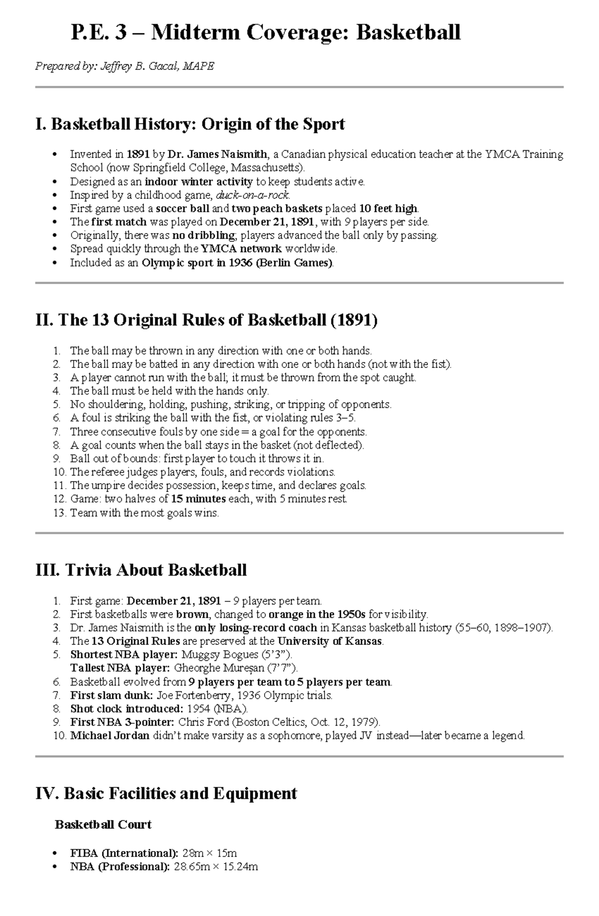 PE-3 Midterm Lesson: Basketball History and Rules Overview - Studocu