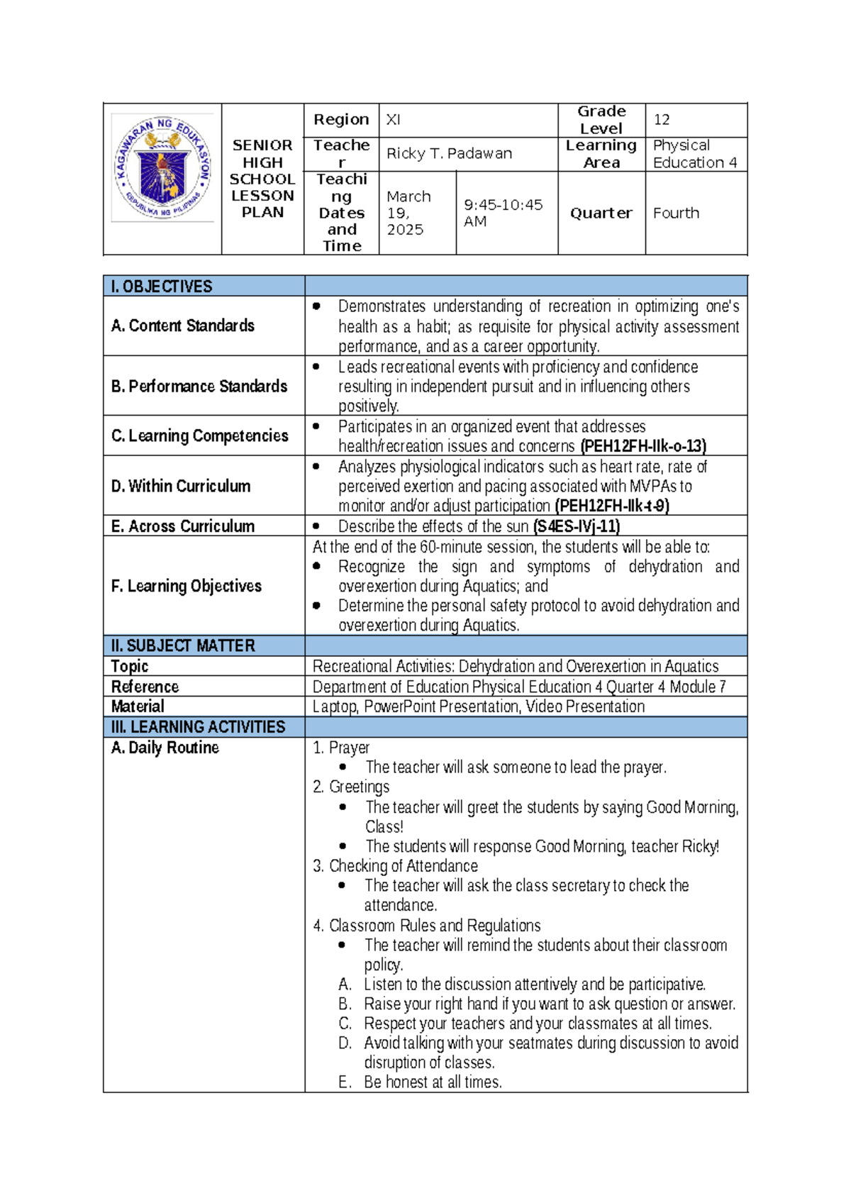 COT Lesson PLAN Physical Education 4 4TH Quarter - SENIOR HIGH SCHOOL ...