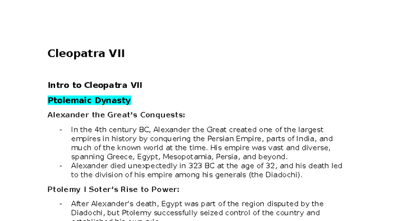 Cleopatra VII: A Study of Her Life, Legacy, and Historical Impact - Studocu