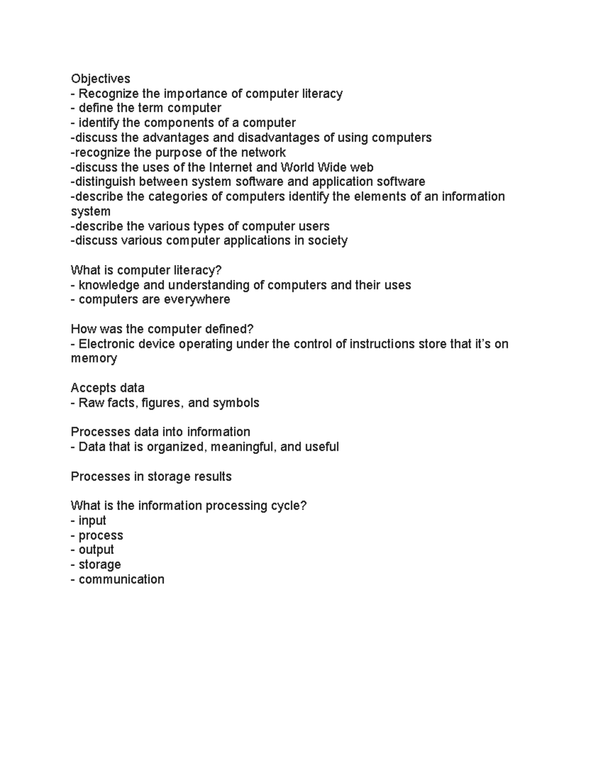 Computer Applications Notes 1 - Objectives Recognize the importance of ...