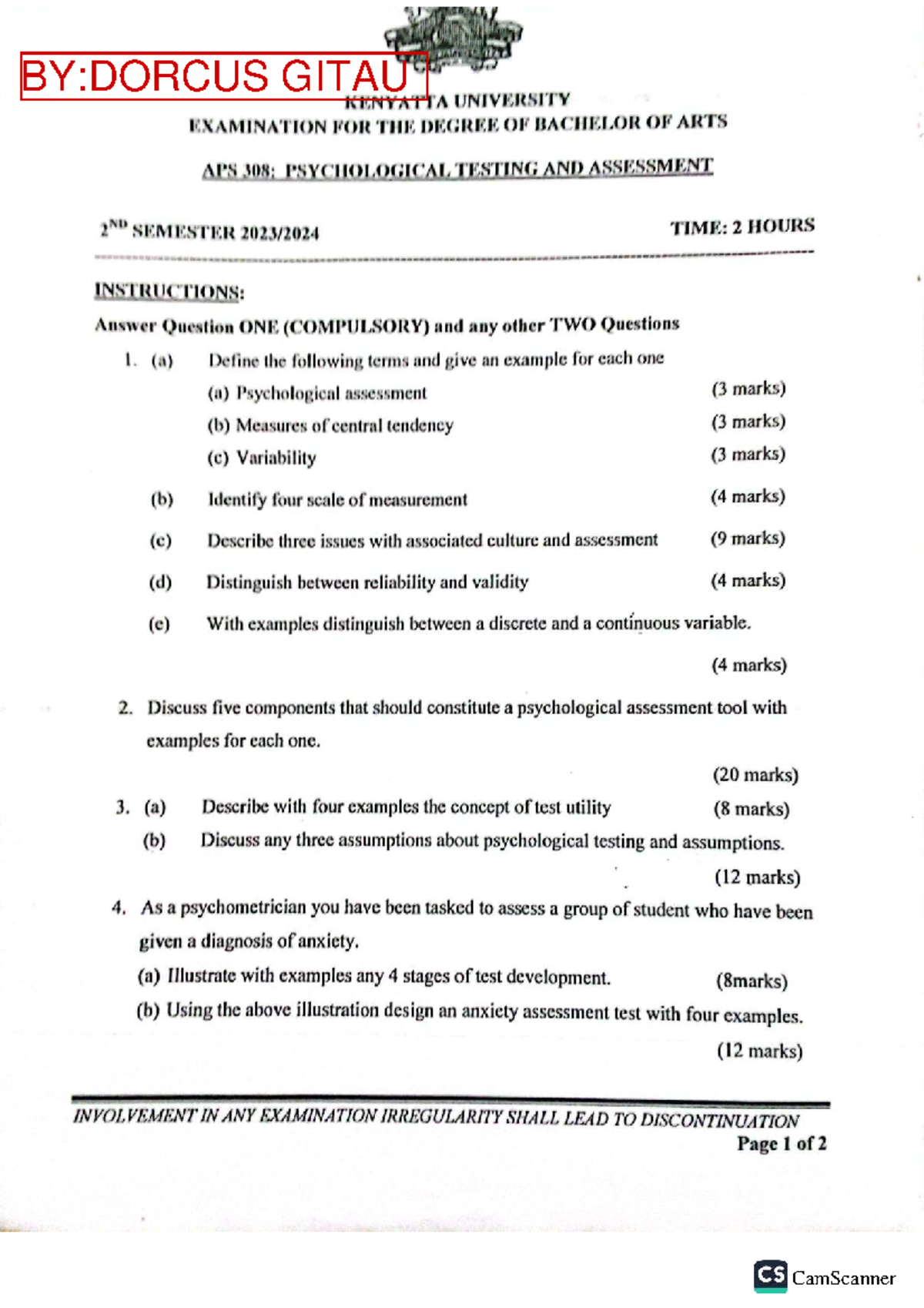 APS 308: Psychological Testing & Assessment Exam Paper by Dorcus Gitau ...