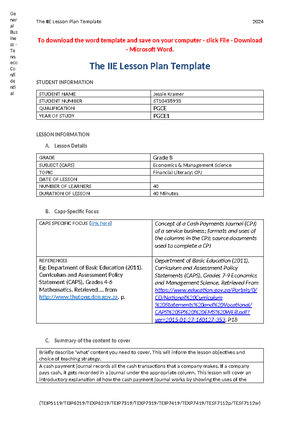 CPJ Lesson Plan 2024: Understanding Cash Payments Journal for Grade 8 ...