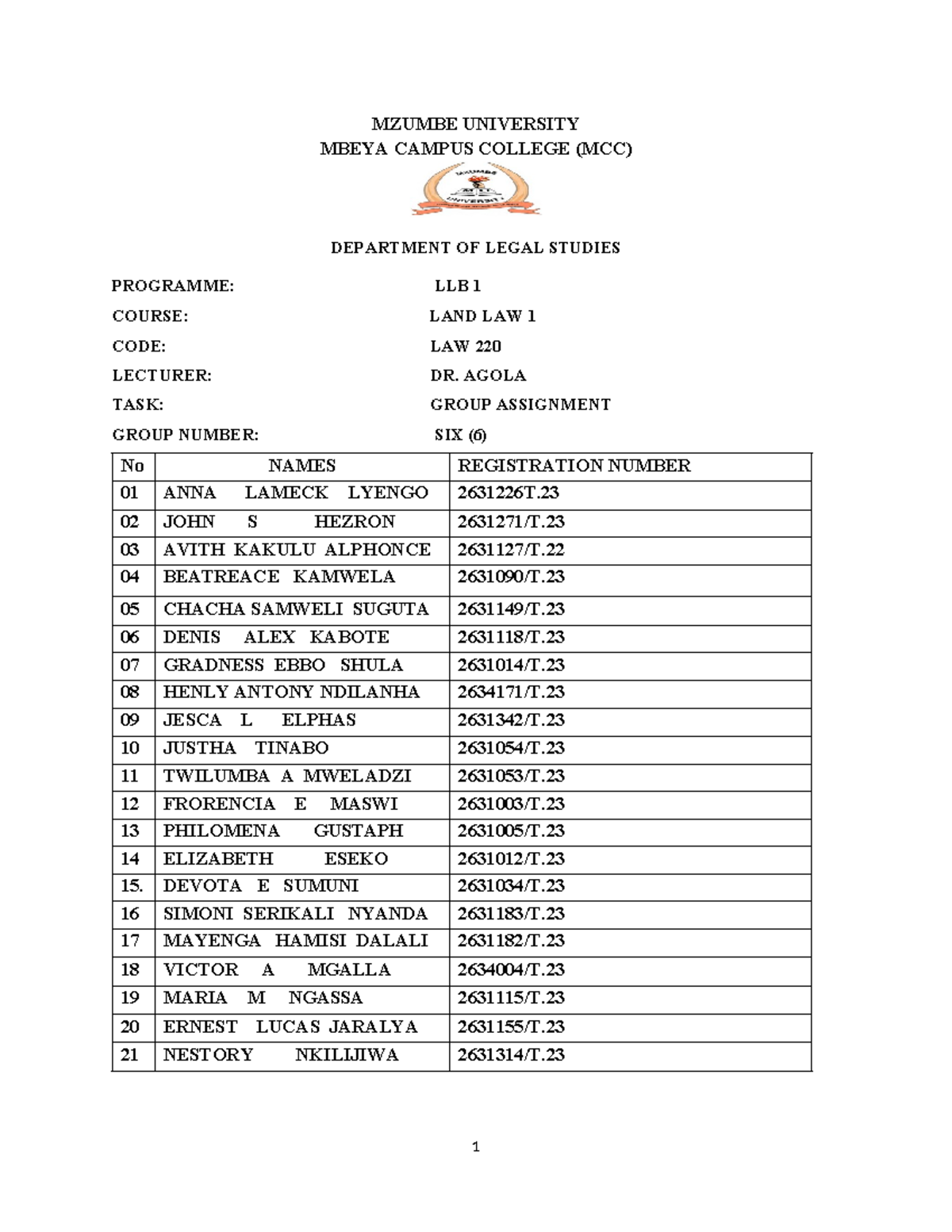 DR Agola - Assignment concerned with land law - MZUMBE UNIVERSITY MBEYA ...