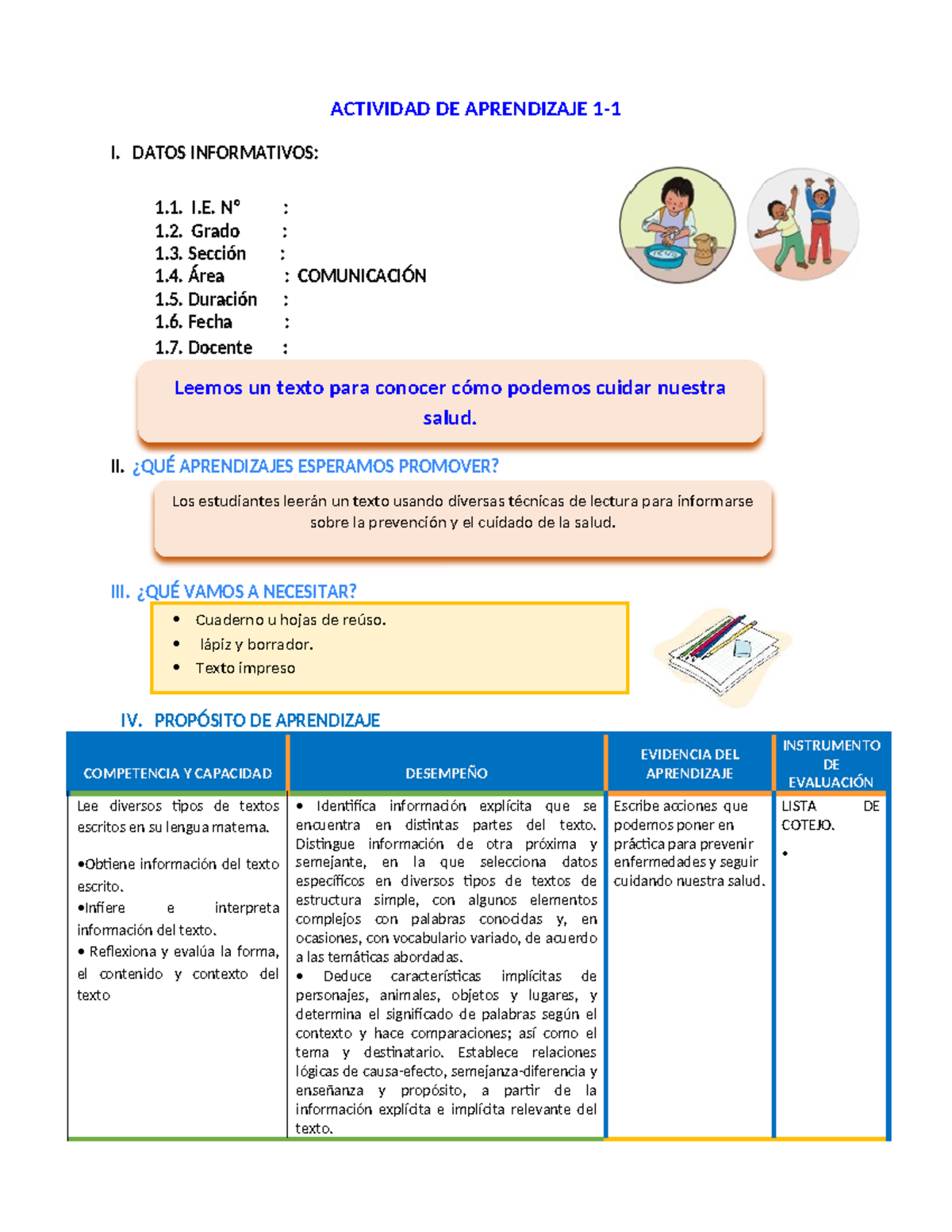 ACTIVIDAD DE APRENDIZAJE I: Lectura sobre Cuidado de la Salud - I.E. Nº ...