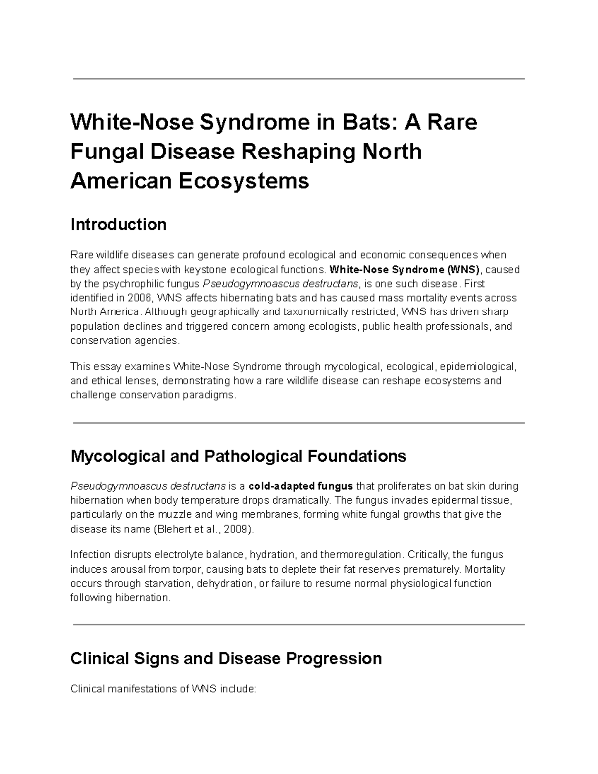 WNS in Bats: Ecological Impact of a Rare Fungal Disease (BIO 101) - Studocu