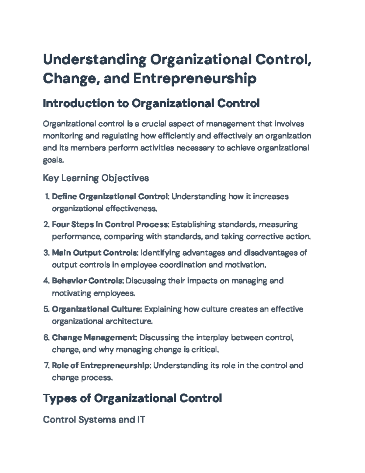 Organizational Control, Change, and Entrepreneurship Overview ...