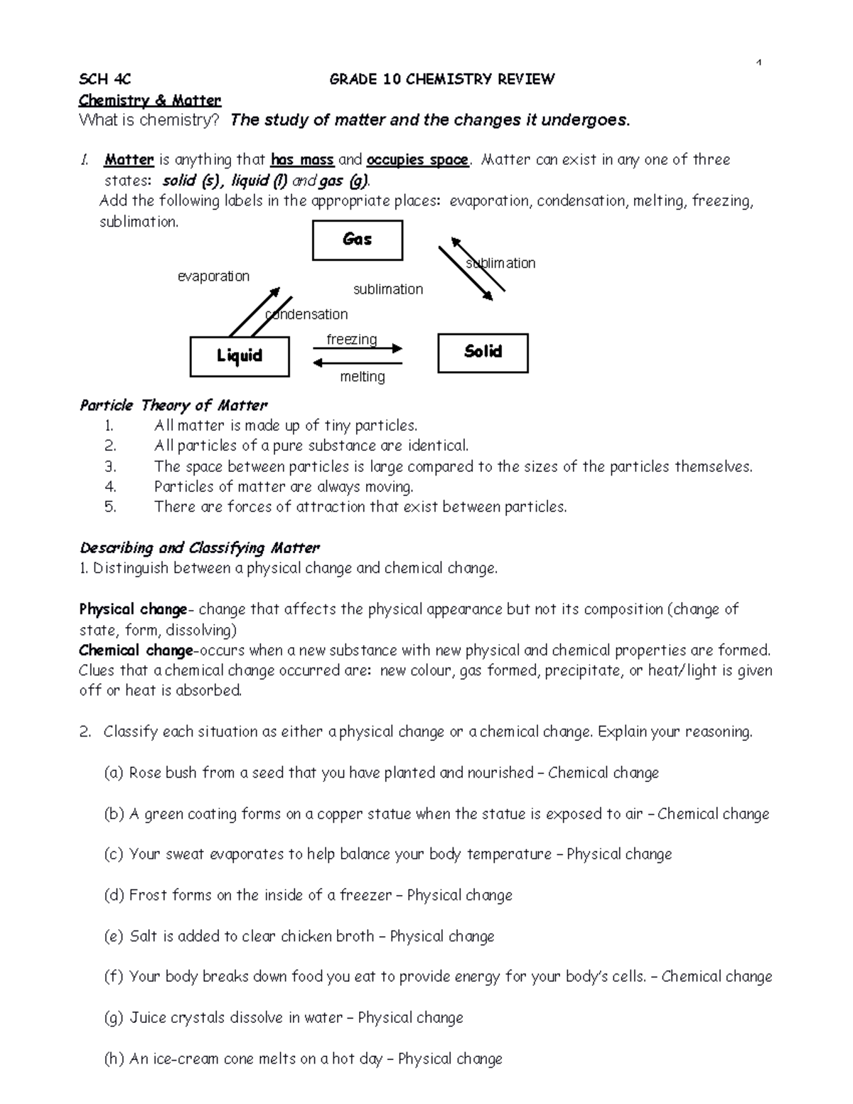 SCH 4C Grade 10 Chemistry Review Answers and Key Concepts - Studocu