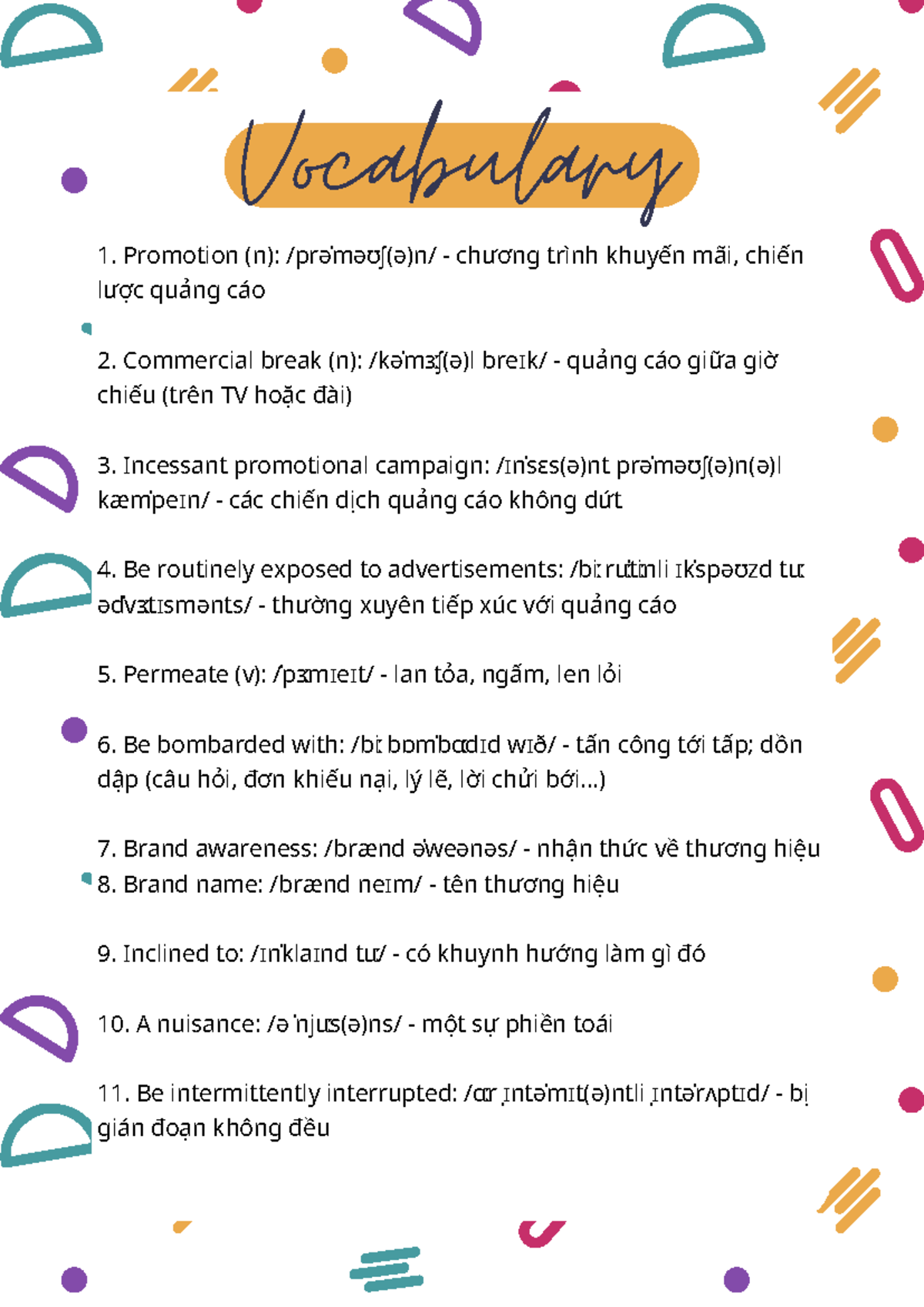 Vocab Notes - Advertising Vocabulary and Terms - Studocu