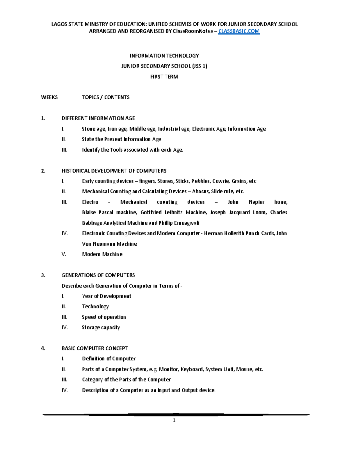 Computer Studies IT Scheme of Work: JSS 1 First & Second Term - Studocu