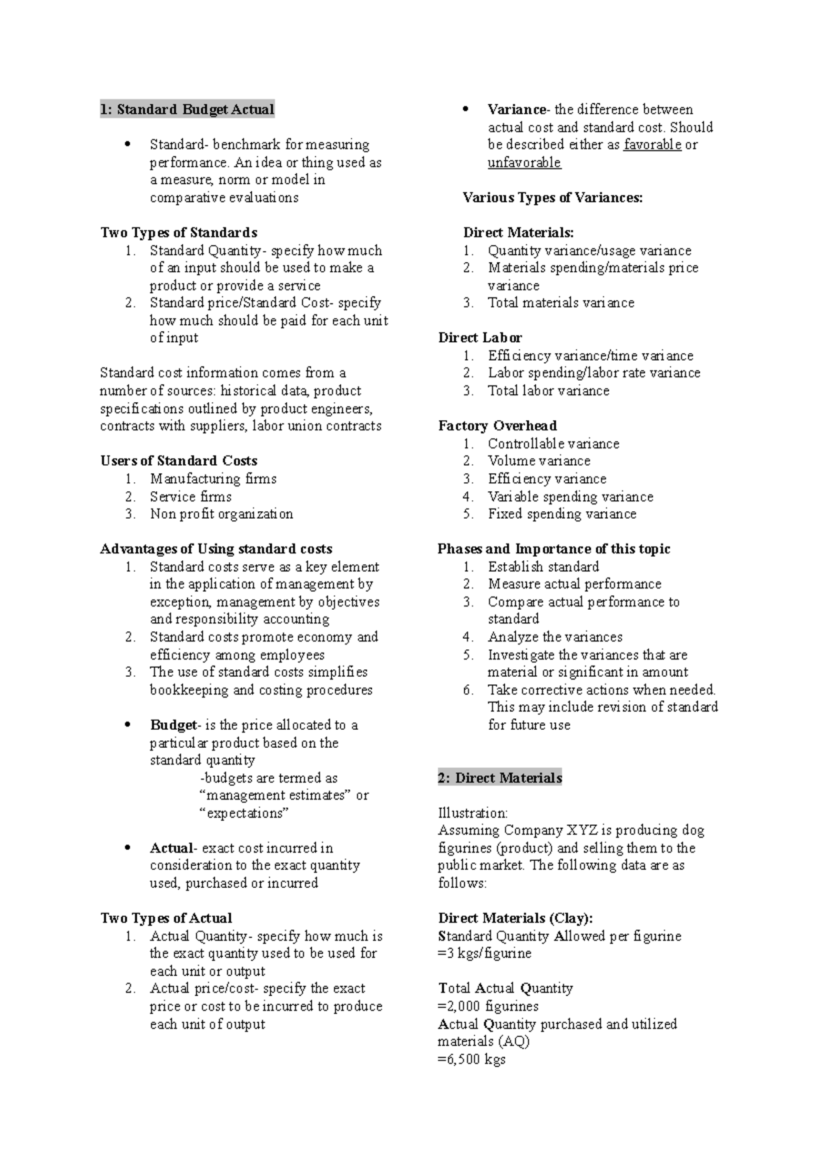 Stracom - notesss - 1: Standard Budget Actual Standard- benchmark for ...