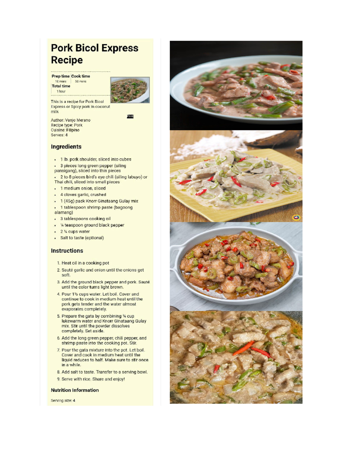 Cooking rice & bicol express - Pork Bicol Express Recipe Prep time Cook ...