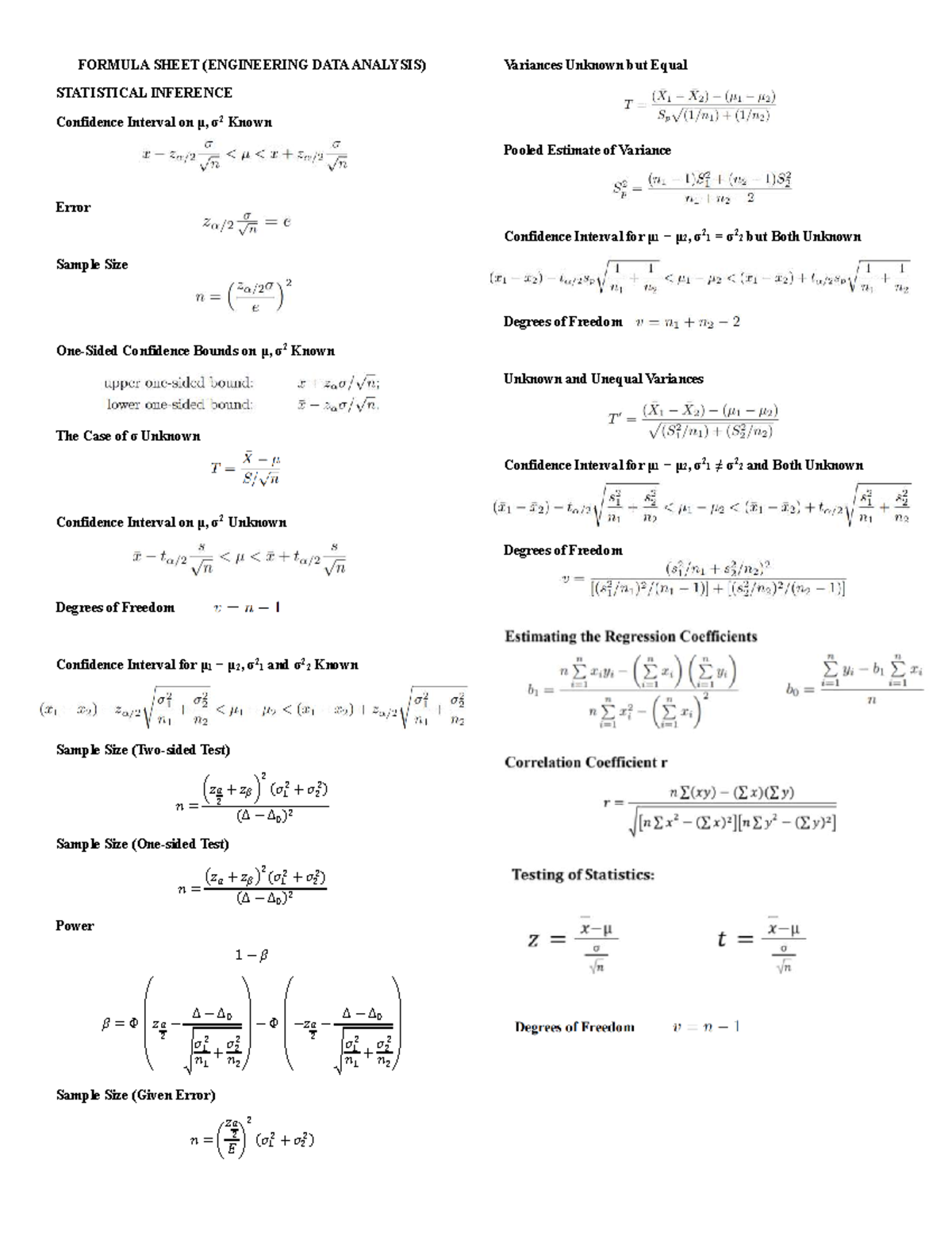 Formula Sheet for Statistical Inference in Engineering Data Analysis ...