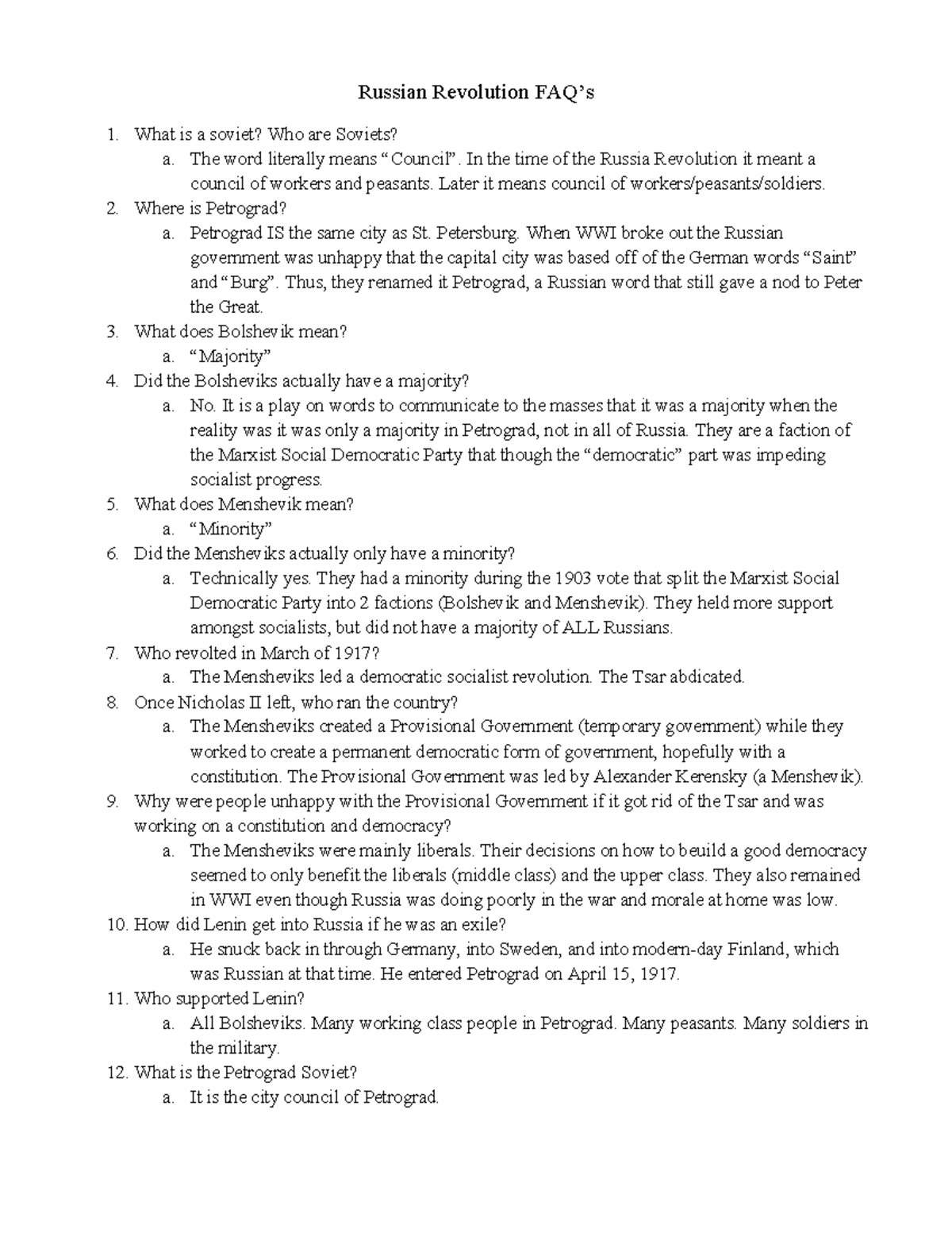 Russian Revolution FAQ: Key Terms and Events Explained - Studocu